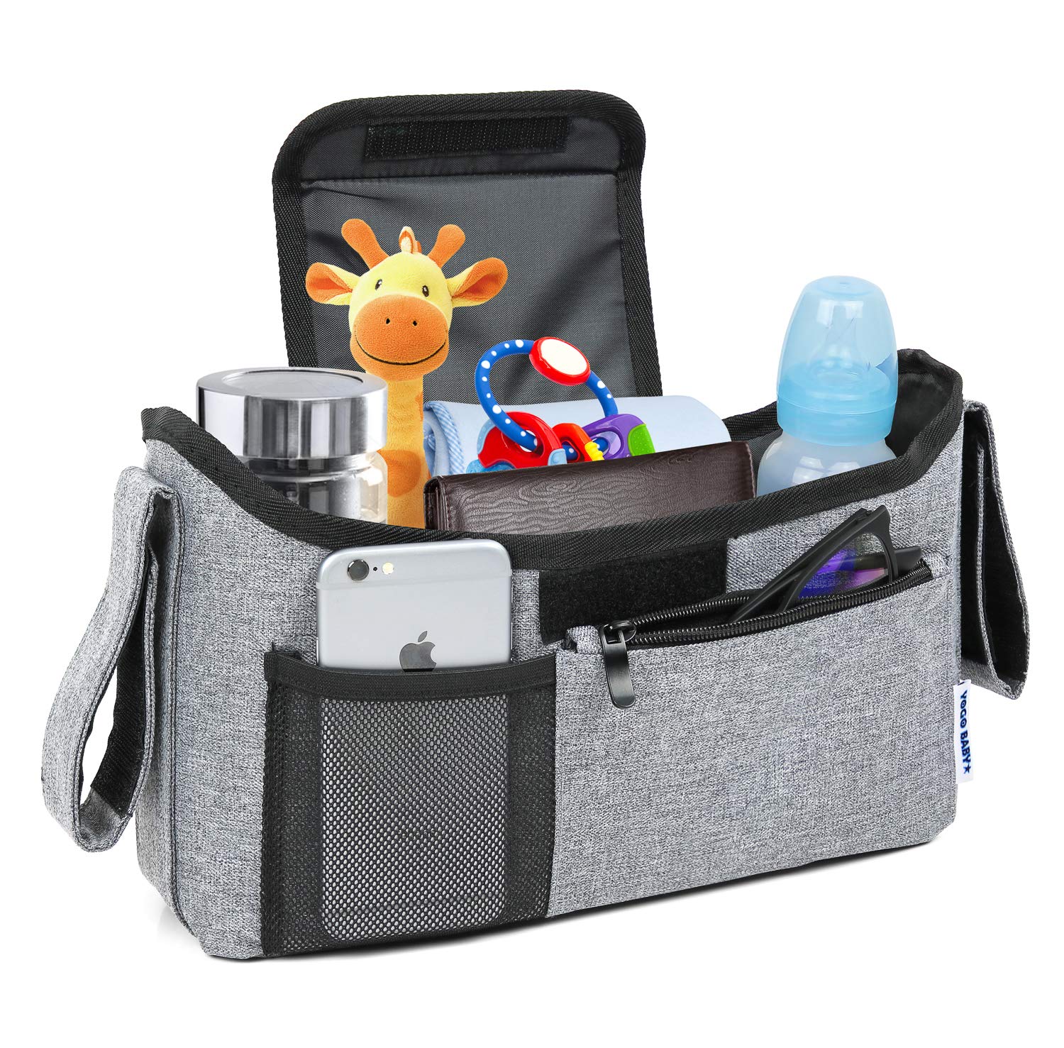 Deluxe Stroller Organizer Universal Fit for All Strollers Multiple Pockets Zipper and Phone Pocket Deep Insulated Cup Holders Grey Melange