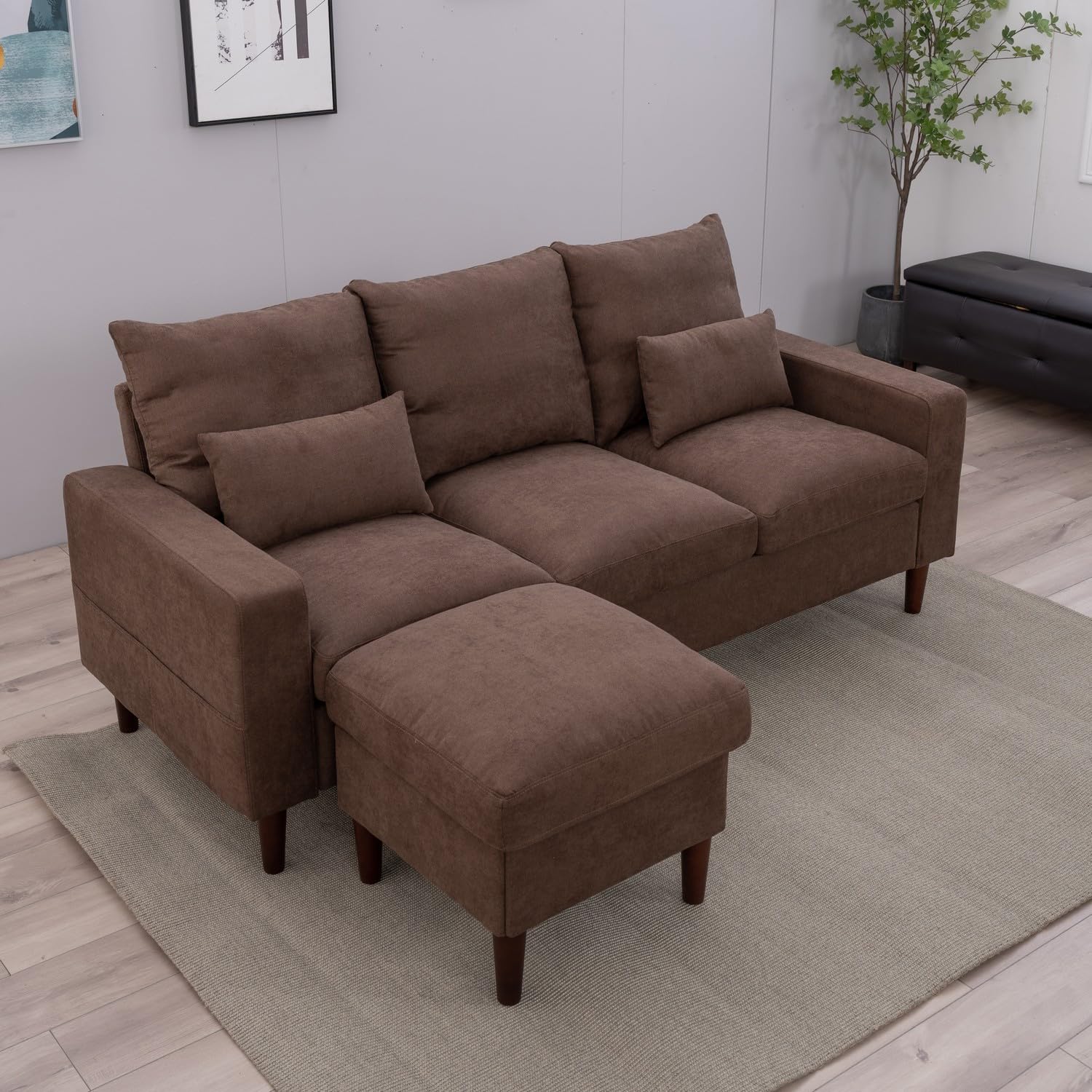 Panana Sectional Sofa Modern Deep 3-Seat Sofa Couch with Ottoman, Upholstered Furniture for Living Room, Apartment, Studio, Office (Black Artificial Leather, Track Arms)