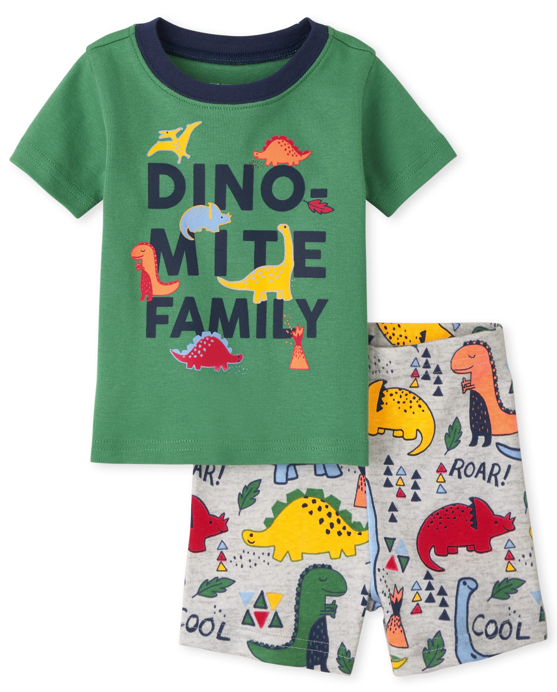 The Children's Place unisex baby The Children's Place Toddler Short Sleeve Top and Shorts Snug Fit 100% Cotton 2 Piece Pajama Set, Dino, 12-18 Months US