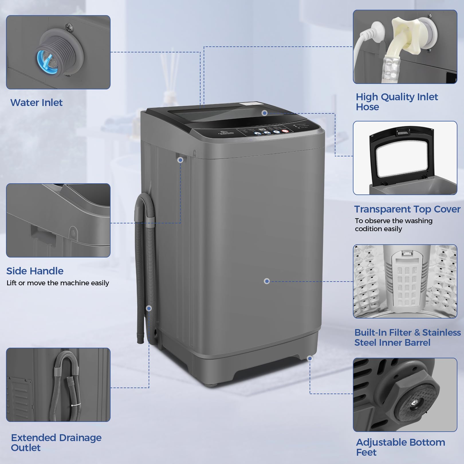 Nictemaw Portable Washing Machine, 20Lbs Capacity Full-Automatic Portable Washer Machine, 2.8Cu.ft Washer and Dryer Combo with 10 Programs & 8 Water Levels for Apartment, Dorms, RV-Glass Cover