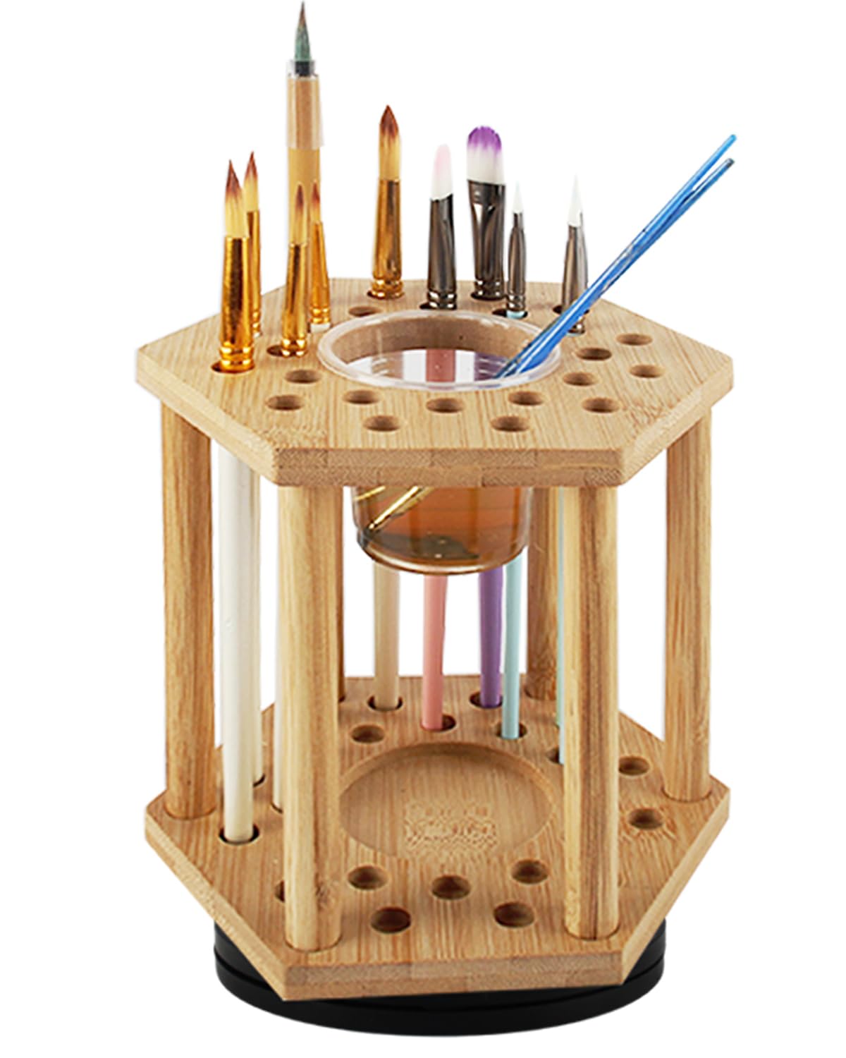 LITAITAI Rotating Paint Brush Holder 25 Holes Bamboo Display Drying Stand Artist Paint Brush Organizer Watercolor Brush Stand Rack Paint Brush Storage Art Supply Organizer(1pcs)