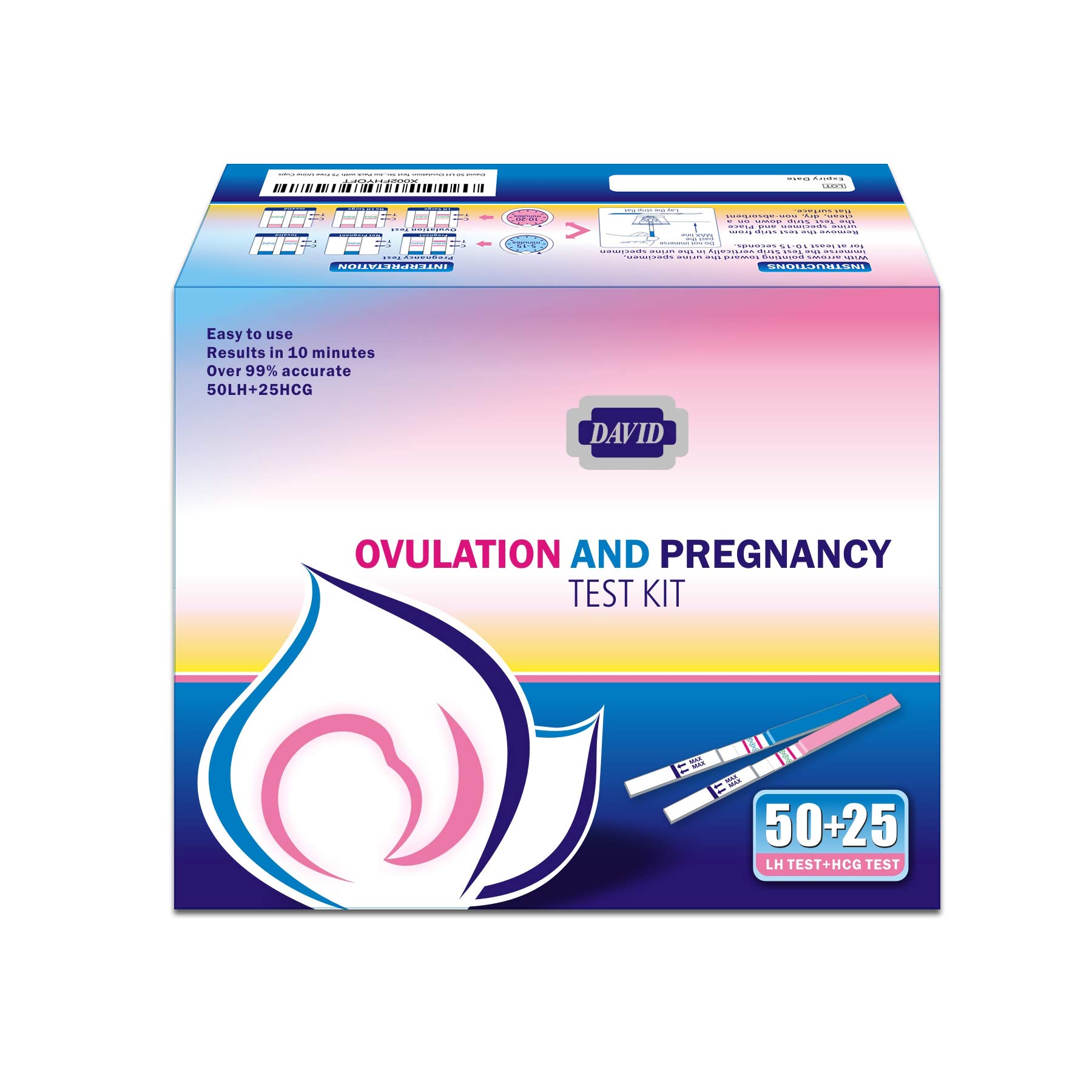 David 50 LH Ovulation Test Strips and 25 HCG Pregnancy Test StripsĀ Combo Pack with 75 Free Urine Cups