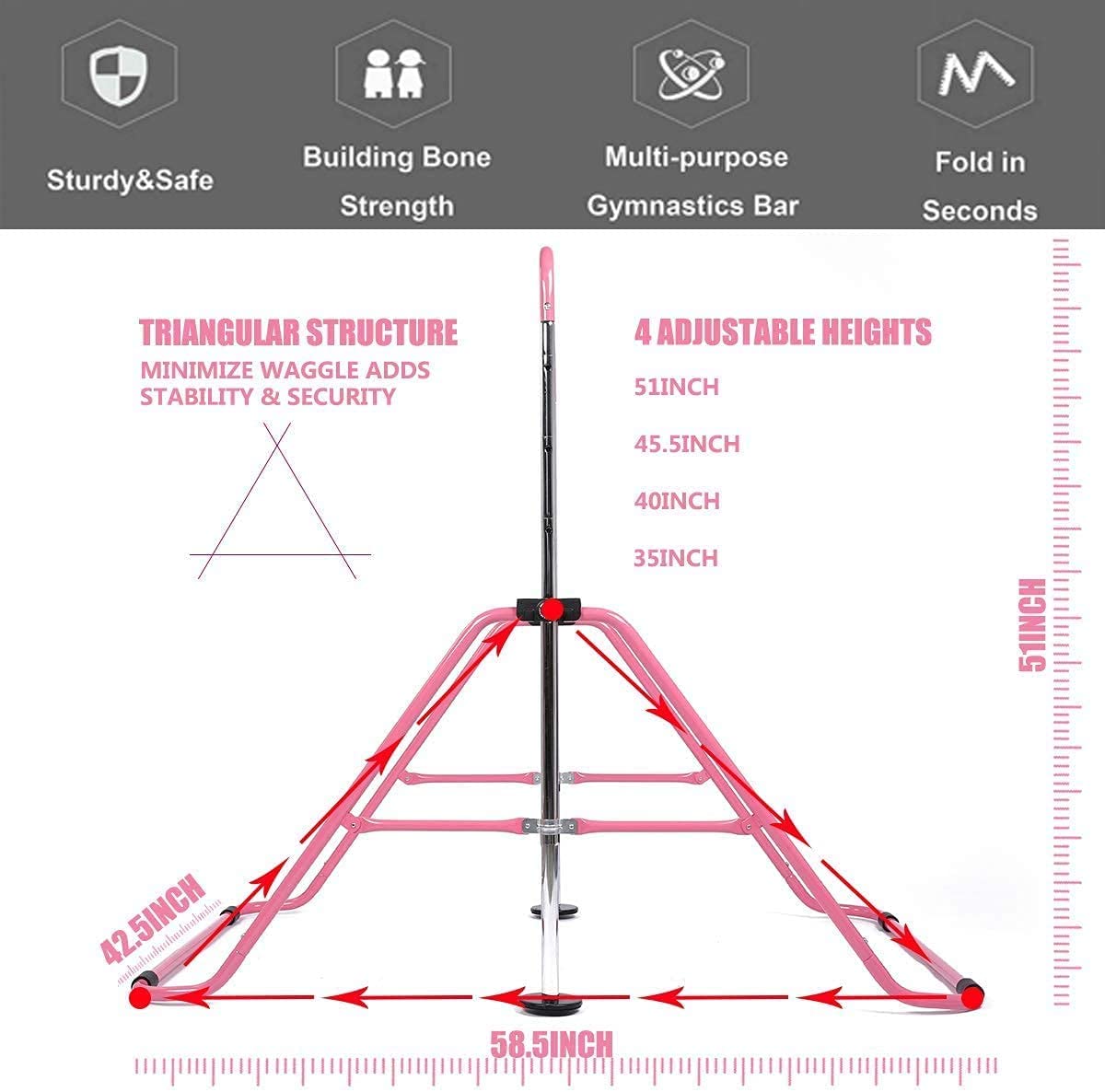 DOBESTS Gymnastics Bars for Home Gymnastic Equipment for Kids Adjustable Junior Training Uneven Bar for 3-7 Years Old Pink