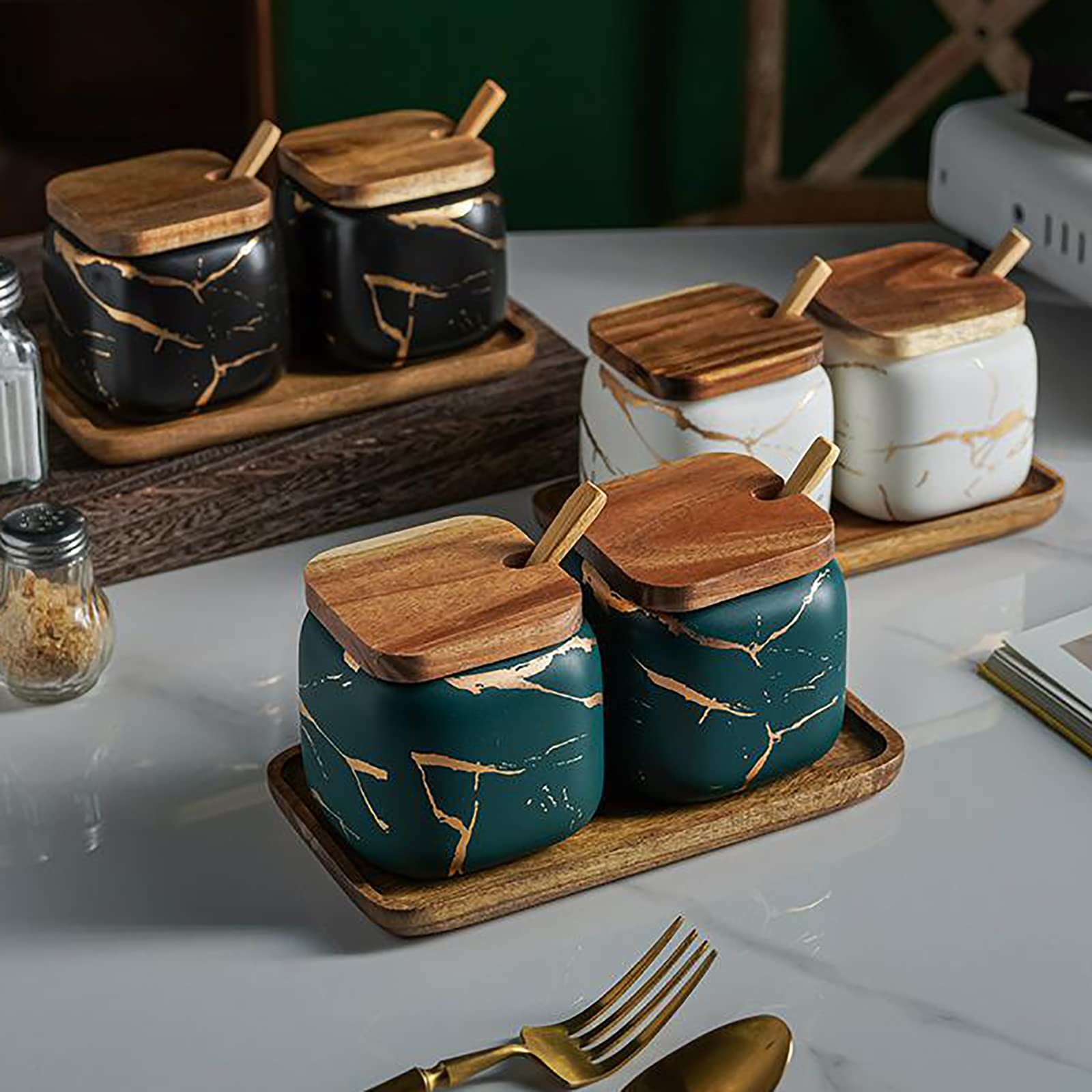 EIMQUVW Sets of 2 Marble Ceramic Seasoning Jars Ceramic Sugar Salt bowl Condiment Pots with Wooden Lids,Wooden Spoon and Wooden Tray(White)