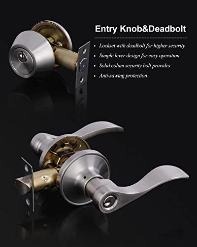 Keyed Alike Front Door Lever Lockset with Single Cylinder Deadbolt Combination Set, Exterior Door Knob with Lock and Deadbolt, Satin Nickel Finished Door Lock