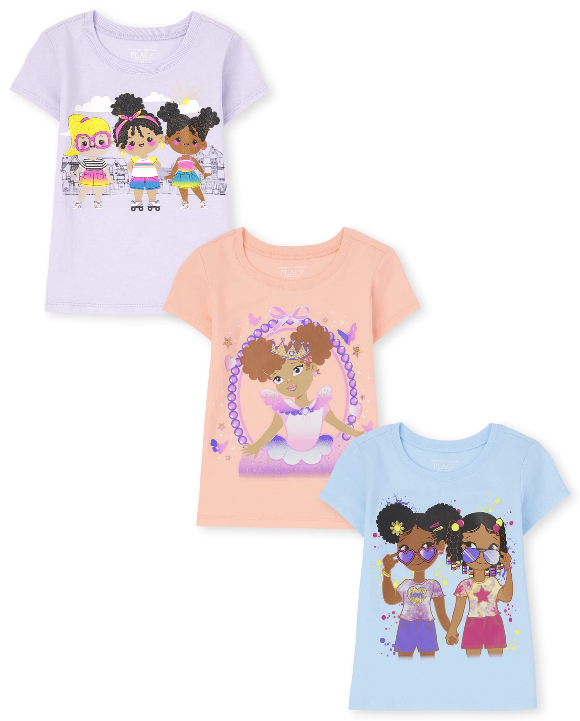 The Children's Place baby girls and Toddler Short Sleeve Graphic T- 3-pack T Shirt, Sunglasses/Princess/Girls, 4T US