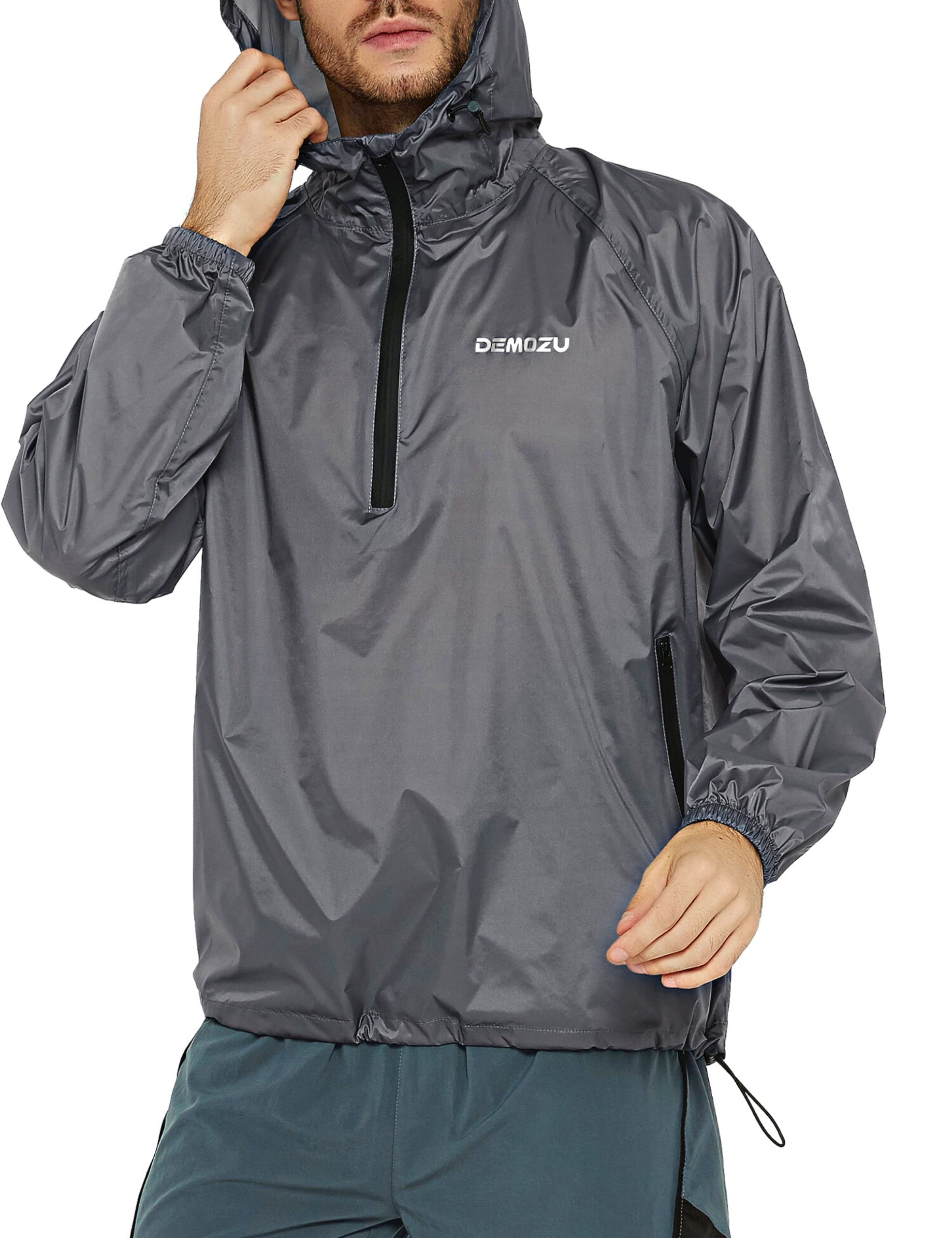DEMOZU Men's Lightweight Running Cycling Rain Jacket Water Resistant Packable Hooded Bike Windbreaker Jacket, Neon Yellow, L
