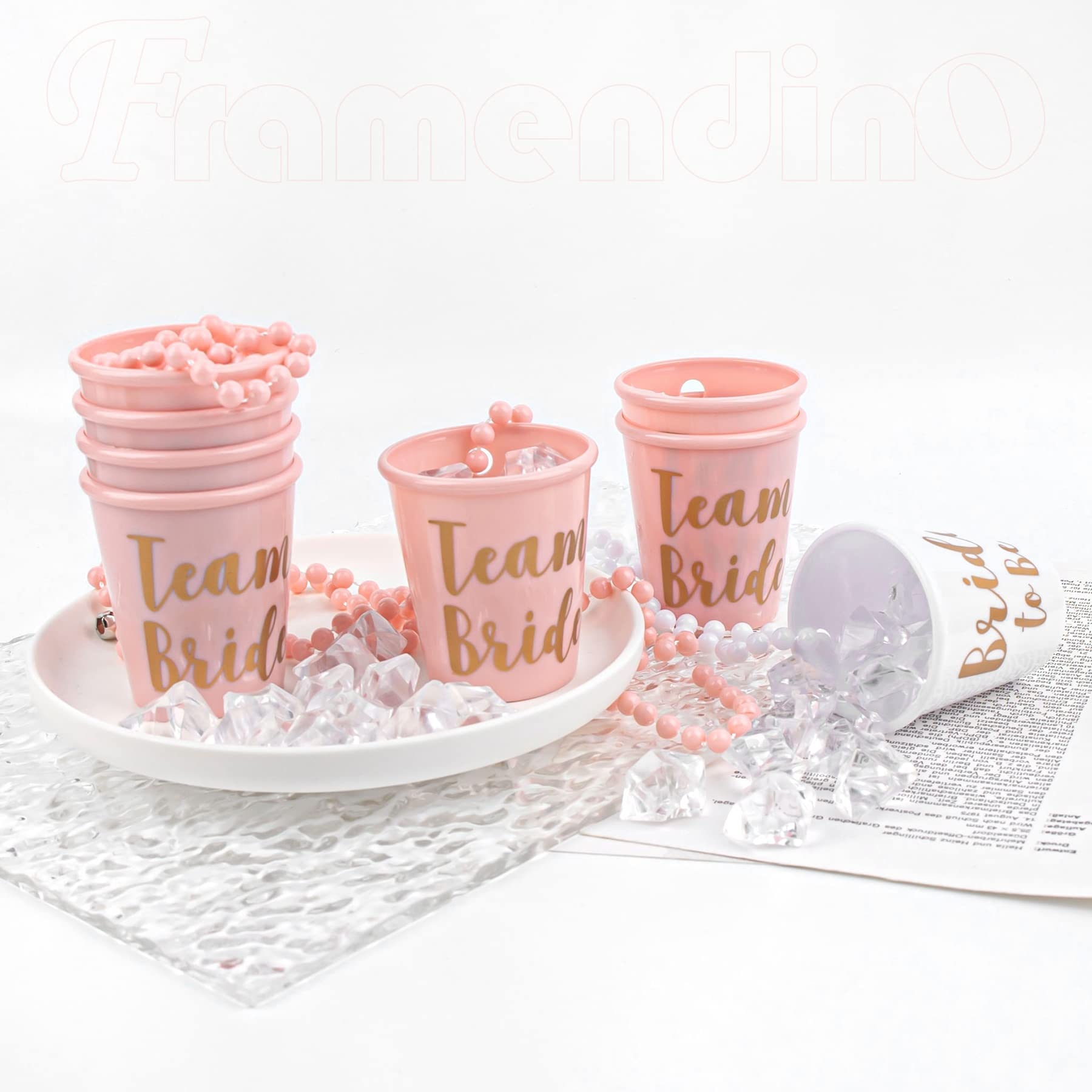 Framendino, 8 Pack Team Bride and Bride to Be Plastic Beaded Shot Glass Necklace Shot Glasses Bridal Necklace with Gold Foil for Bachelorette Party Decorations
