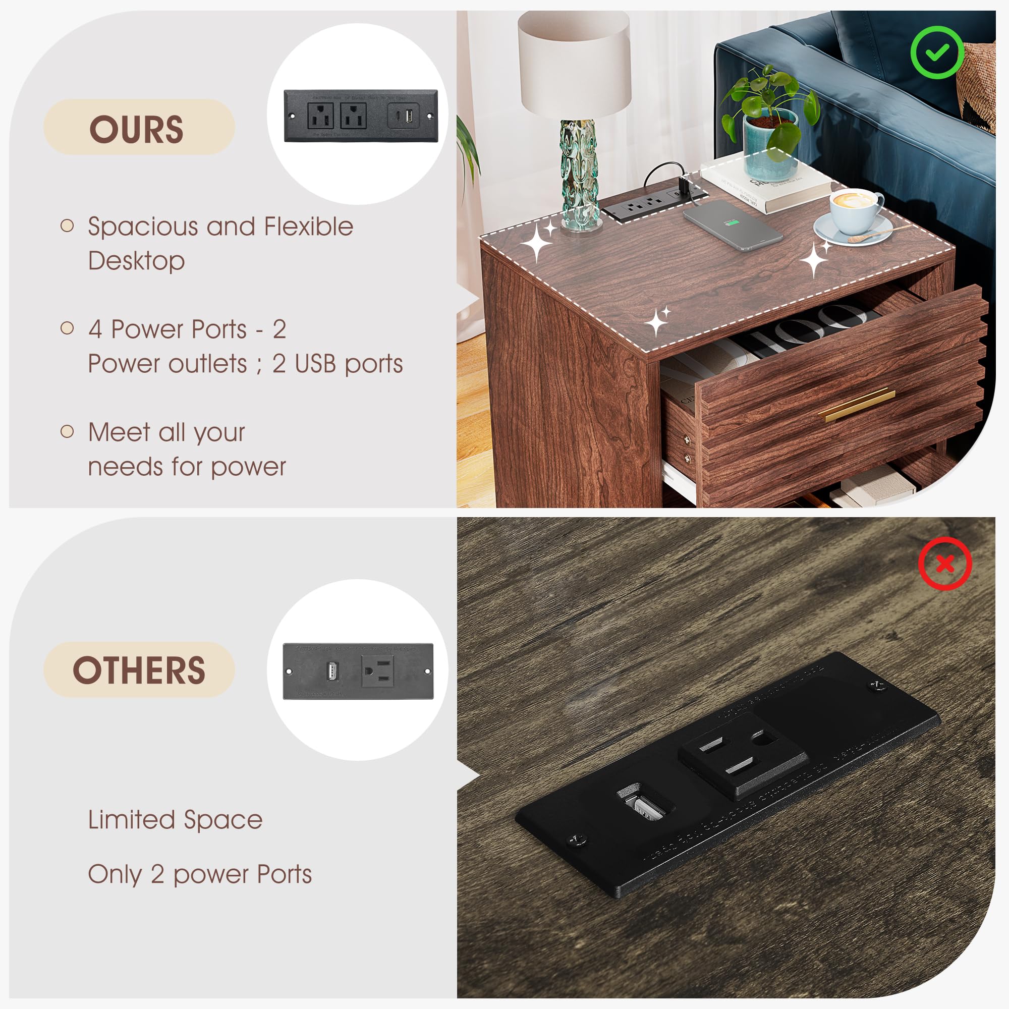 Night Stand with Charging Station Set of 2, Side Table with 2 Drawers, Mid Century Modern End Table with Storage, Bedside Table with USB Ports and Outlets, Nightstand for Bedroom, Brown 2PCS