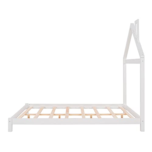 Lifeand Full Size Wood Platform Bed with House-Shaped Headboard for Kids Teens,No Box Spring Required,White