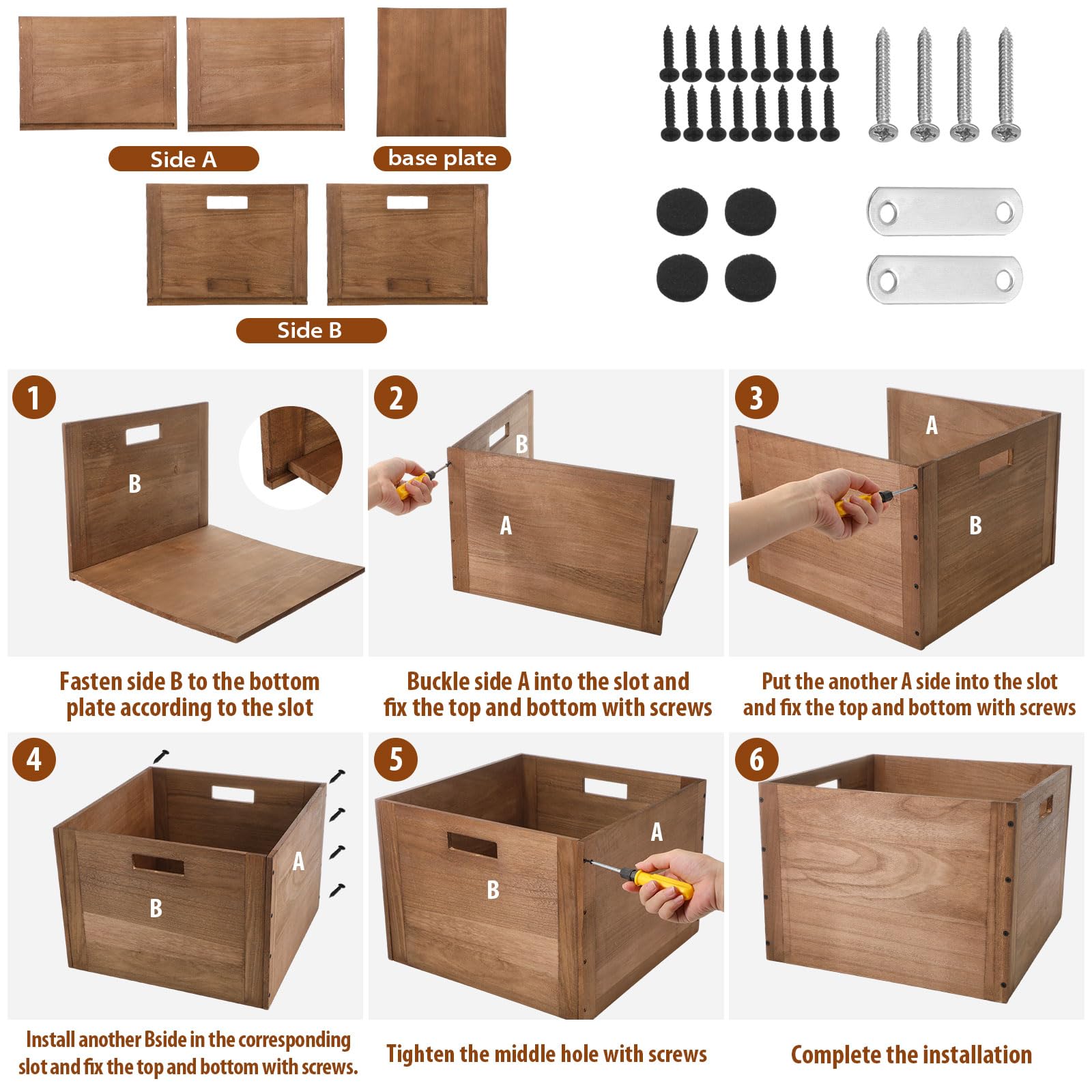 Menkxi 4 Pcs Stackable Wood Storage Cube for Shelves Closet Wooden Bins Box Wood Crates Storage Baskets Container for Toy Books Clothes Home Office, Dark Brown(14 x 14 x 10 Inch)