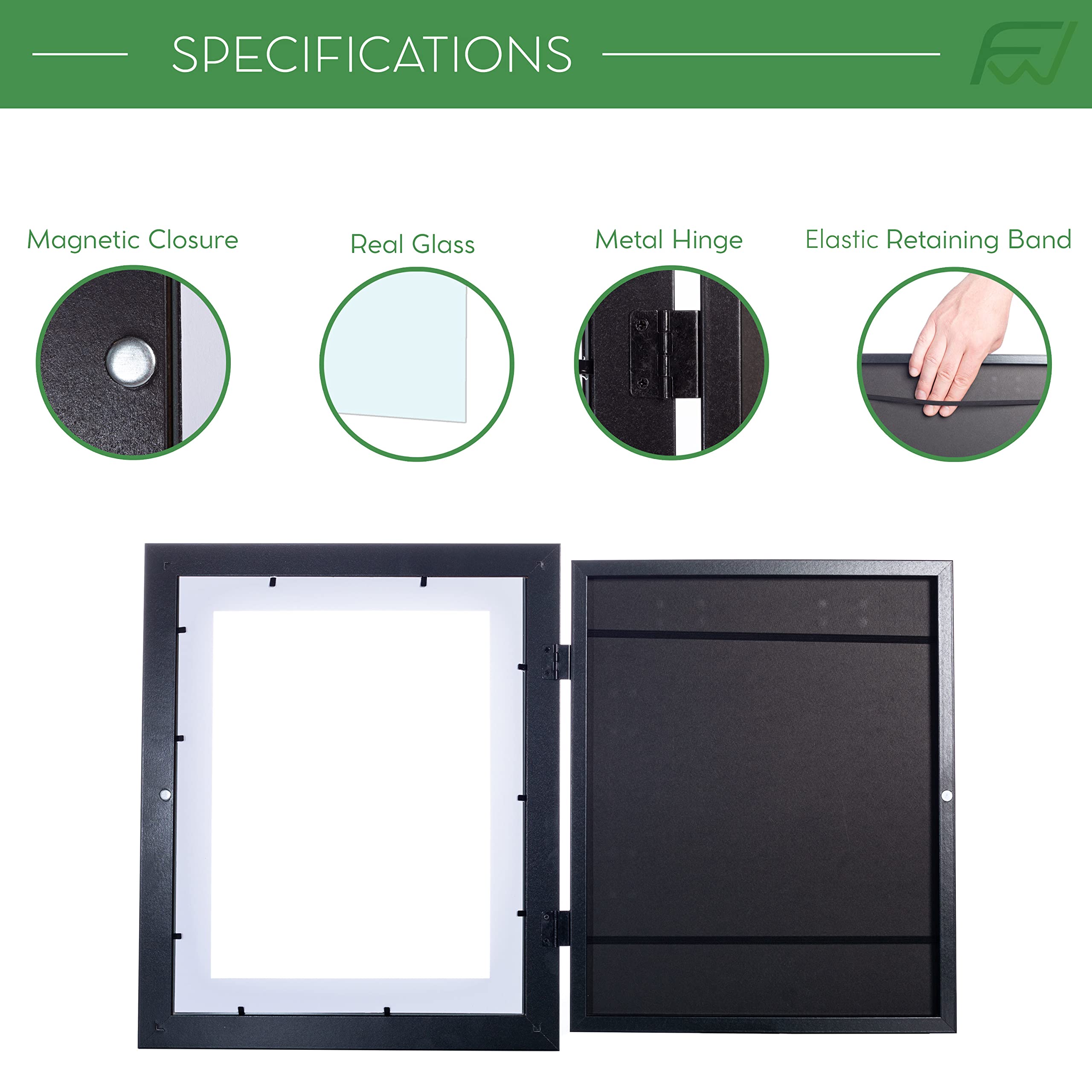 FrameWorks 10β x 12.5β Black Wooden Kid Art Frame with Gallery Style Edges, Tempered Glass, and Elastic Straps