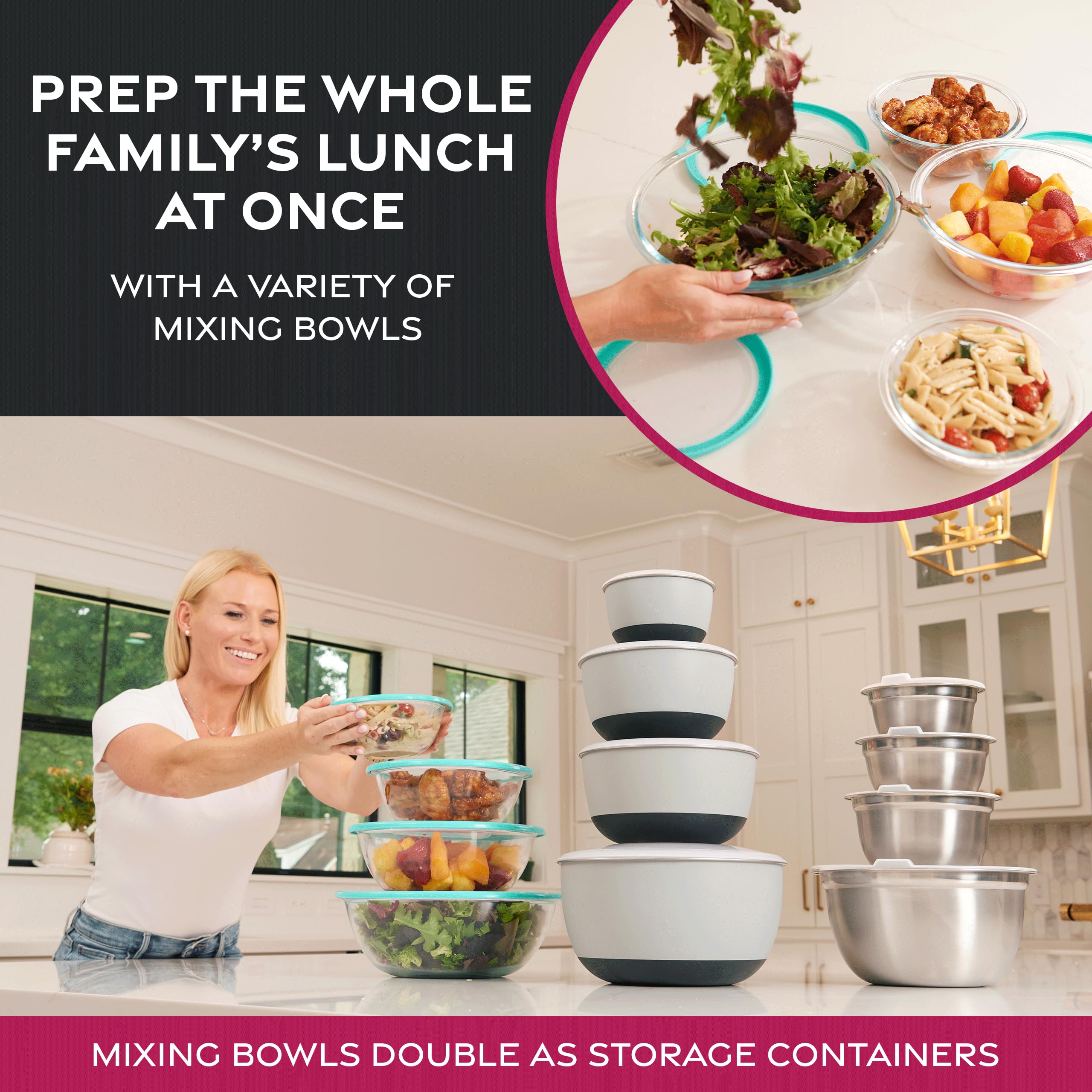 FineDine Stainless Steel Mixing Bowls with Lids Set, Stackable Nesting Dishware Bowls for Kitchen Space Storage Saving, Non-Slip Bottoms for Stability, 5 Quarts Salad Bowls