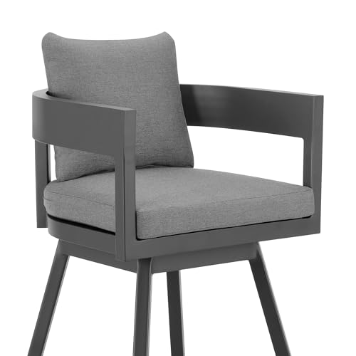 Menorca Outdoor Patio Swivel Bar Stool in Aluminum with Gray Cushions