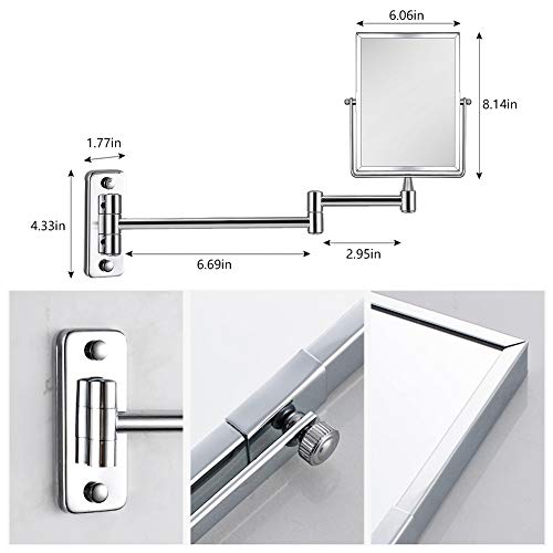 QiMH 3X Magnifying Wall Mounted Vanity Makeup Mirror | Rectangular 8x6 Inch with Extendable Arm | Polished Chrome Finish Double-Sided Swivel Mirror