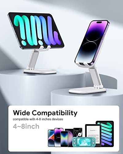 OMOTON Foldable Cell Phone Stand, Fully Portable Phone Stand for Deak Cell Phones Accessories, Height Adjustable Mobile Phone Holder Stand with Charging Hole, Compatible with All Smart Phones, White
