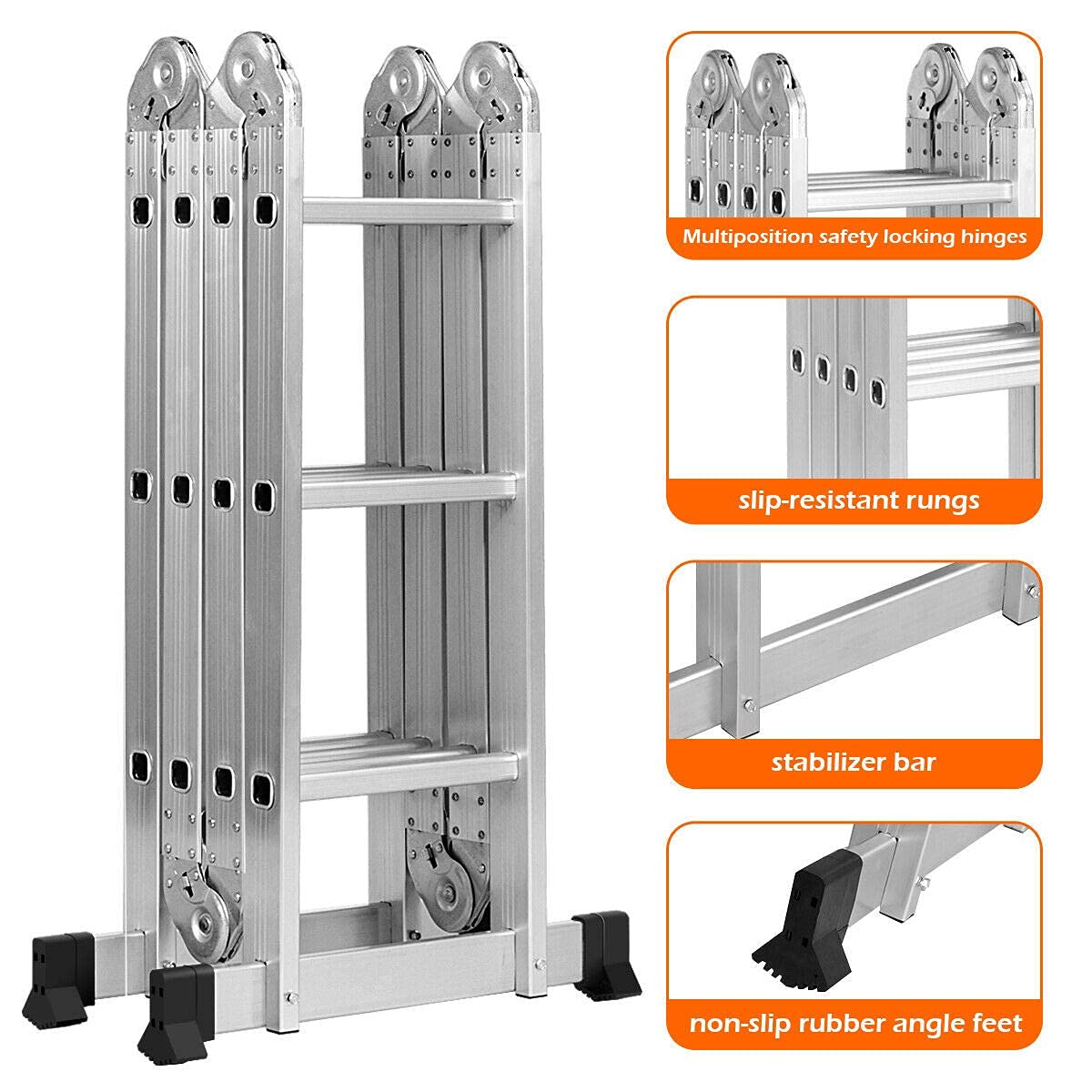 ERGOMASTER Extension Ladder 7 in 1 Aluminum Folding Step Ladders Adjustable Telescoping Multi Position Ladder for Home Stairs Roof Warehouse 330lbs(12.2 Feet)
