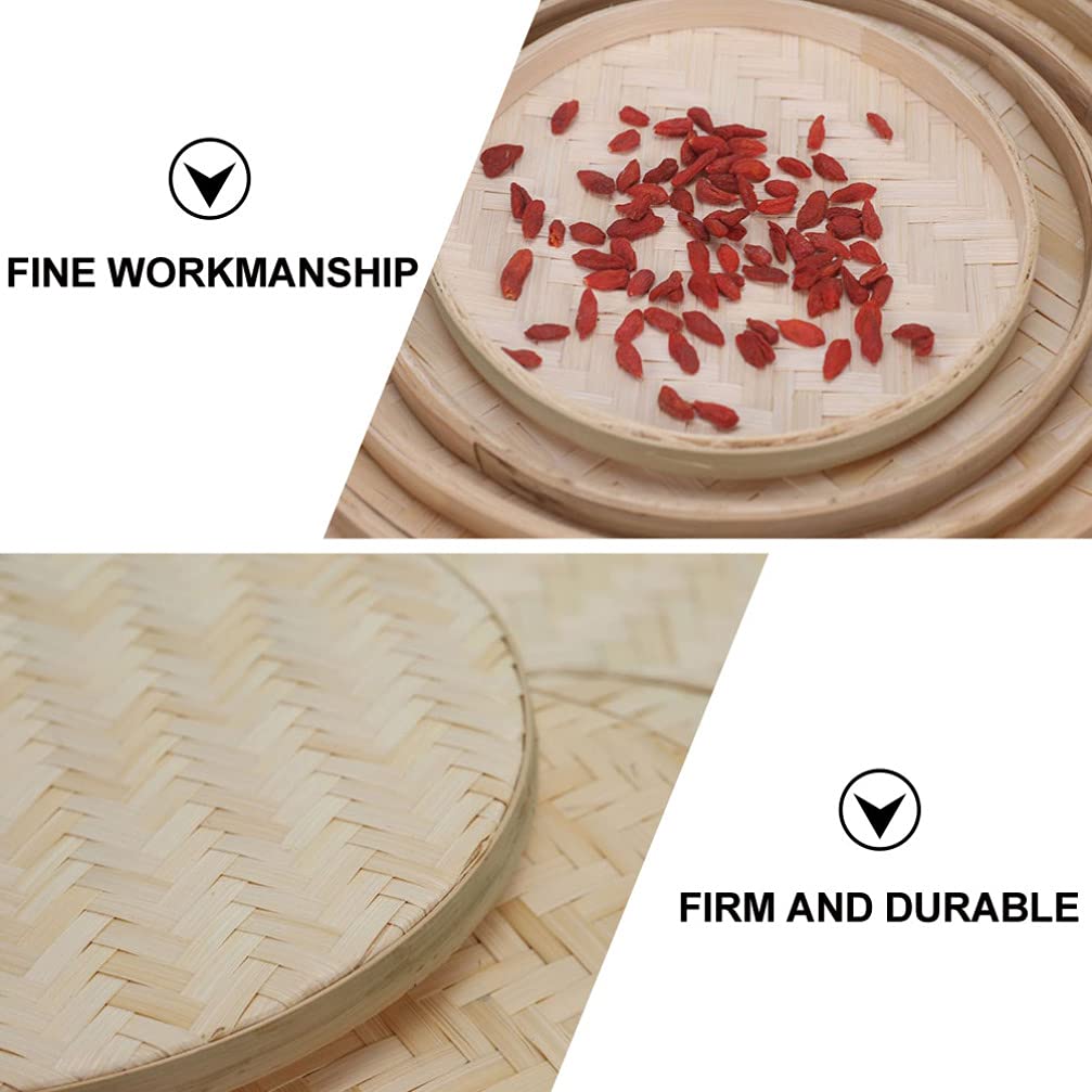 Healifty 4 Pcs Handwoven Flat Wicker Round Fruit Basket Woven Food Storage Weaved Shallow Tray Organiser Vegetable Fruit Bowl Kids DIY Drawing Board Wall Basket Decor for Kitchen Table Centerpiece