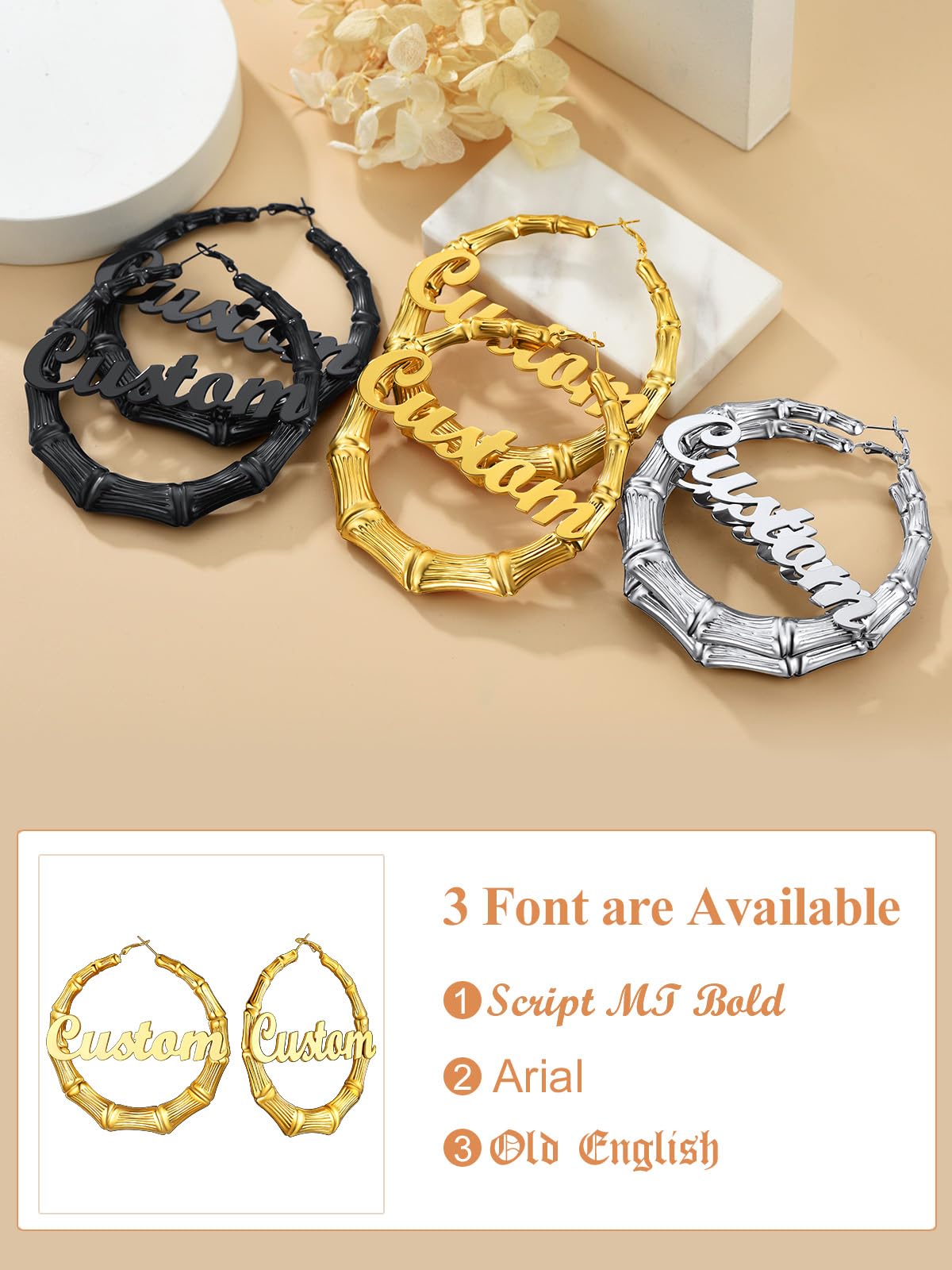 Custom4U Personalized Gold Hoop Earrings with Name Custom Bamboo Elegant Earrings Memory Jewelry Gifts for Women