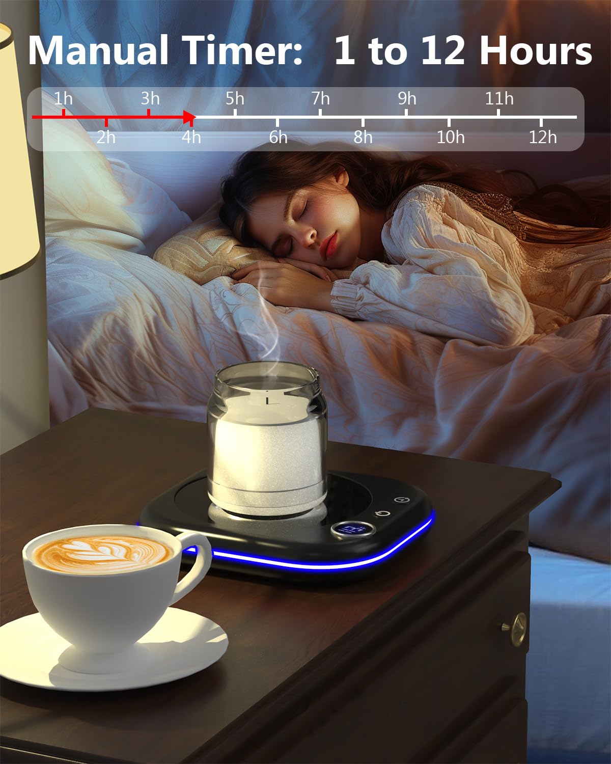 MQUPIN Coffee Warmer, Coffee Cup Warmer for Desk Auto Shut Off, Smart Candle Warmer with Temp Display & 1-12 Hours Timer- 1 Gold Coffee Spoon & 1 Black Insulating Mat Included (Black)