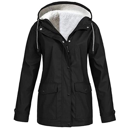 Women's Lined Fleece Rain Jacket Winter Outdoor Waterproof Hooded Raincoat Ladies Snow Warm Ski Jackets Solid Color