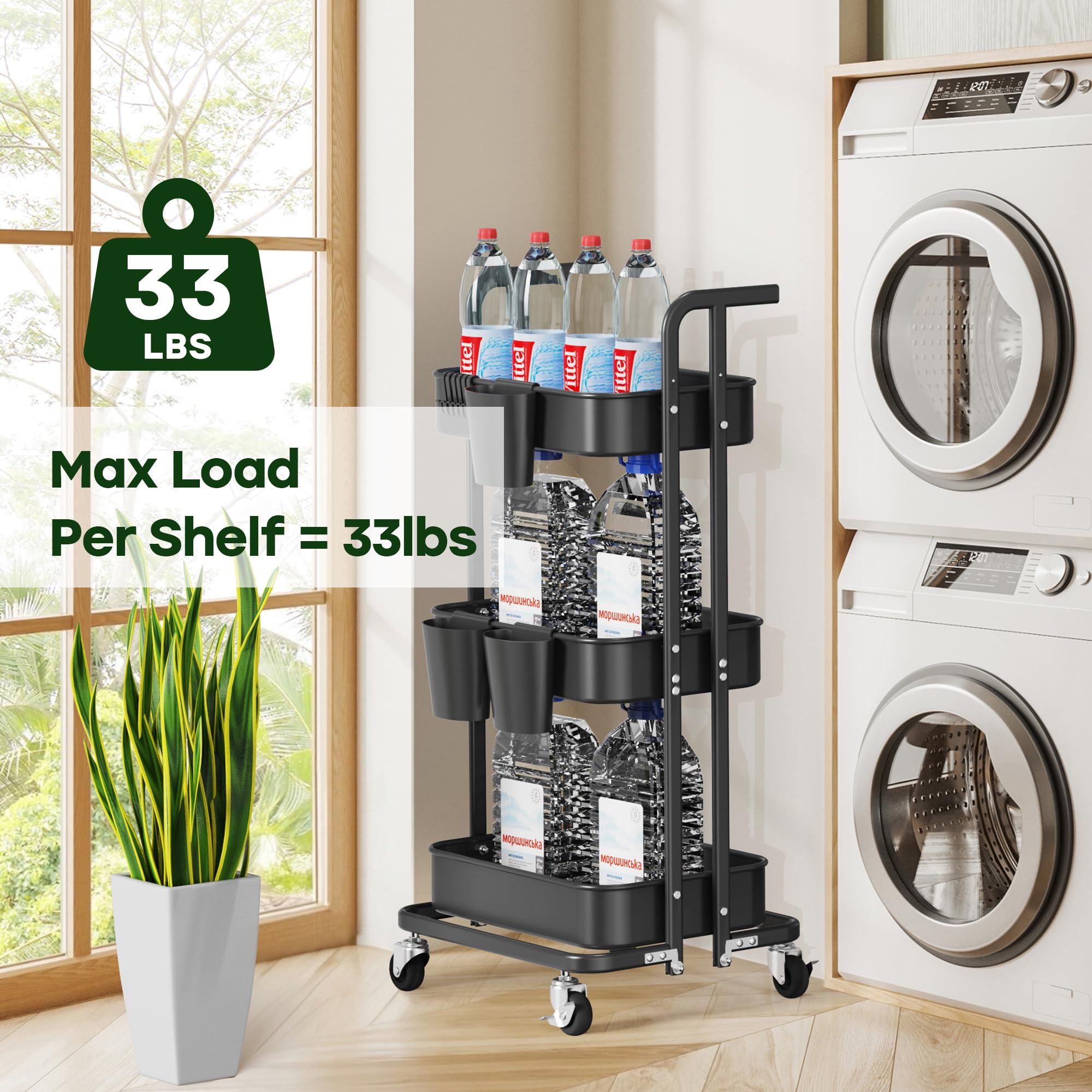 DTK 3 Tier Foldable Rolling Cart, Metal Utility Cart with Lockable Wheels, Folding Storage Trolley, 3 Small Baskets and 6 Hooks for Living Room, Kitchen, Bathroom, Bedroom and Office, Black