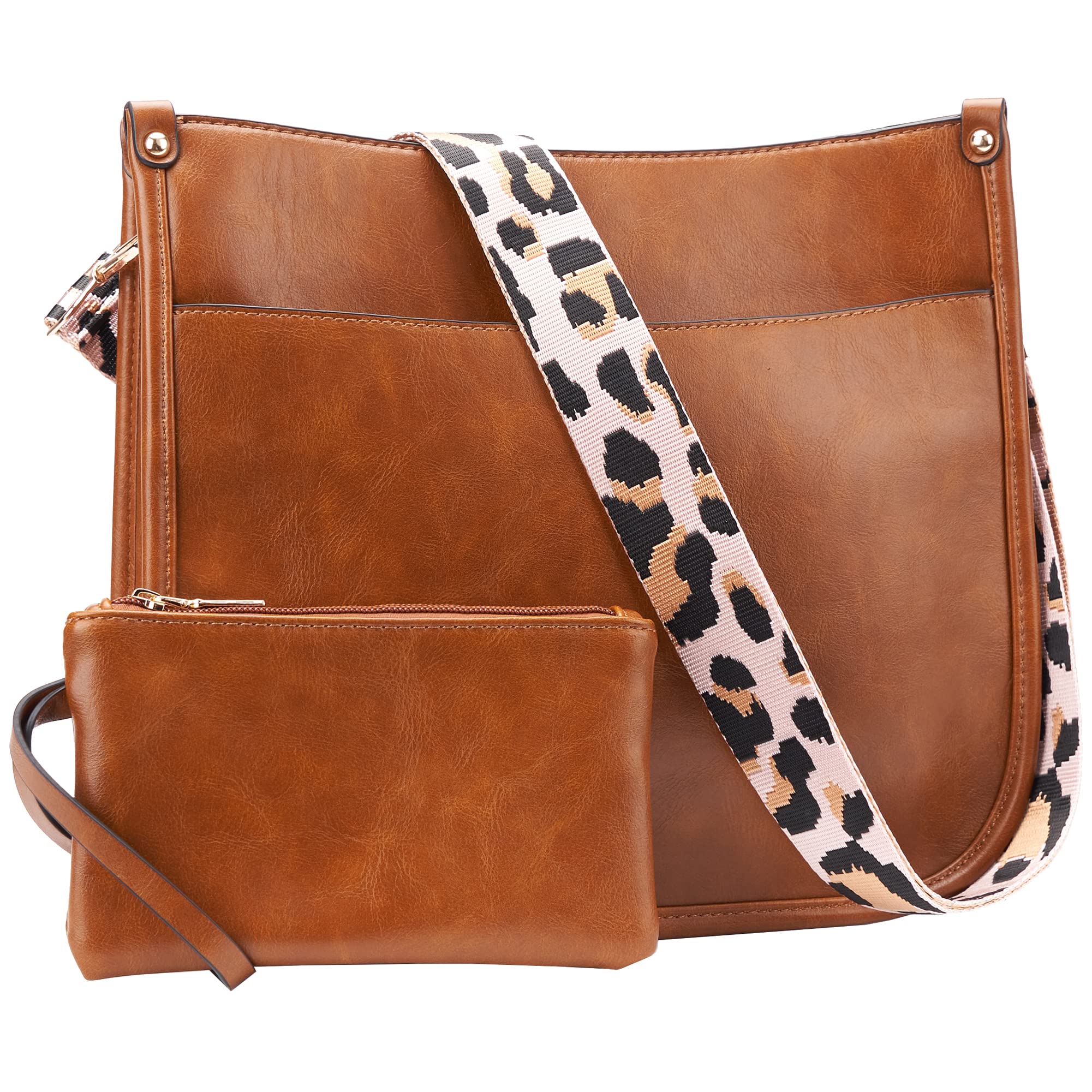 Erihop Vegan Leather Crossbody Bags for Women, Top Zipper Closure Cross Body Purses with Interchangeable Leopard Strap, Brown