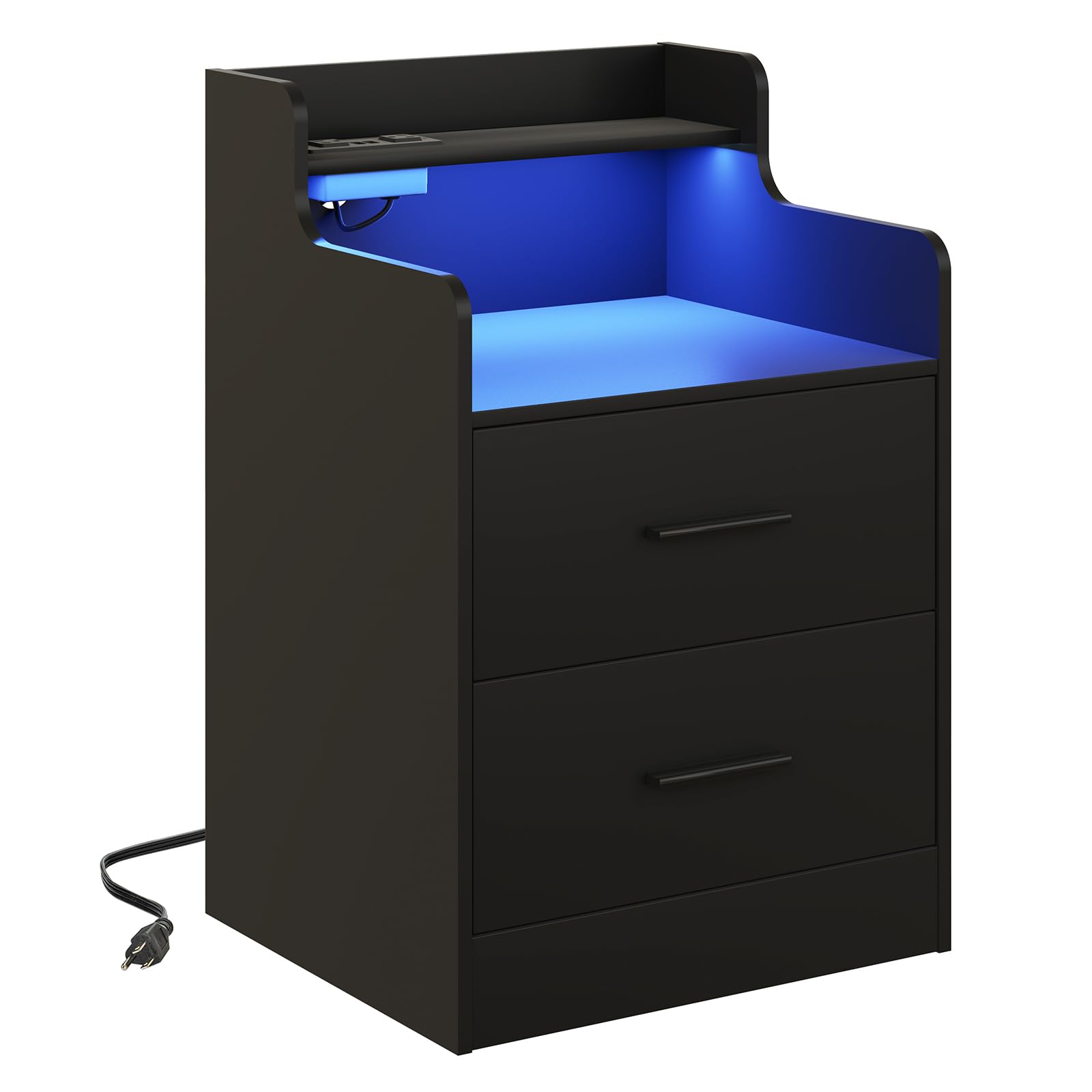 Nightstand with Charging Station,Modern Bedside Table with LED Light, Night Stand with 2 Drawers and Storage Shelves, Bedside Table for Bedroom,End Side Table Black Only One Piece (1, Black)