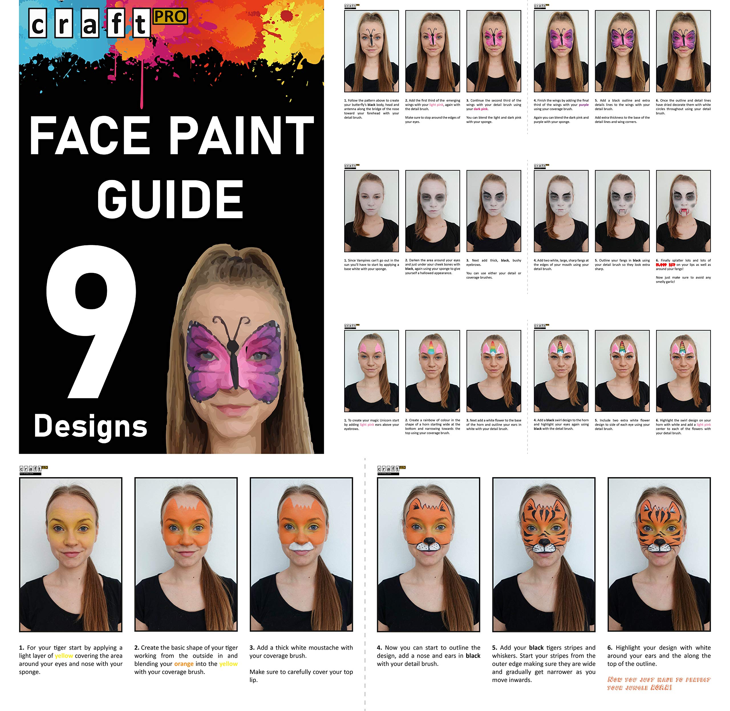 Craft Pro - Kids Face Paint Kit - Vegan + Cruelty Free (Non-Toxic). Includes Guidebook, Applicators, Stencils. Easy ON Easy Off (Water Activated Body Paint)