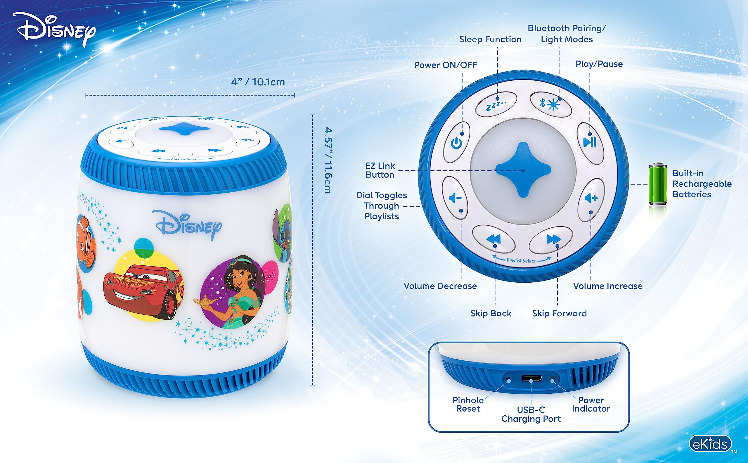 eKids Disney Bluetooth Storyteller with EZ Link, Night Light, Sleep Sounds, and Bedtime Stories for Kids, Designed for Fans of Disney Toys