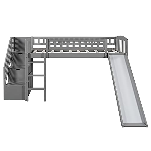 Twin Loft Bed with Slide, Wooden Low Loft Bed with Stairs and Storage for Kids Girls Boys Teens - Gray