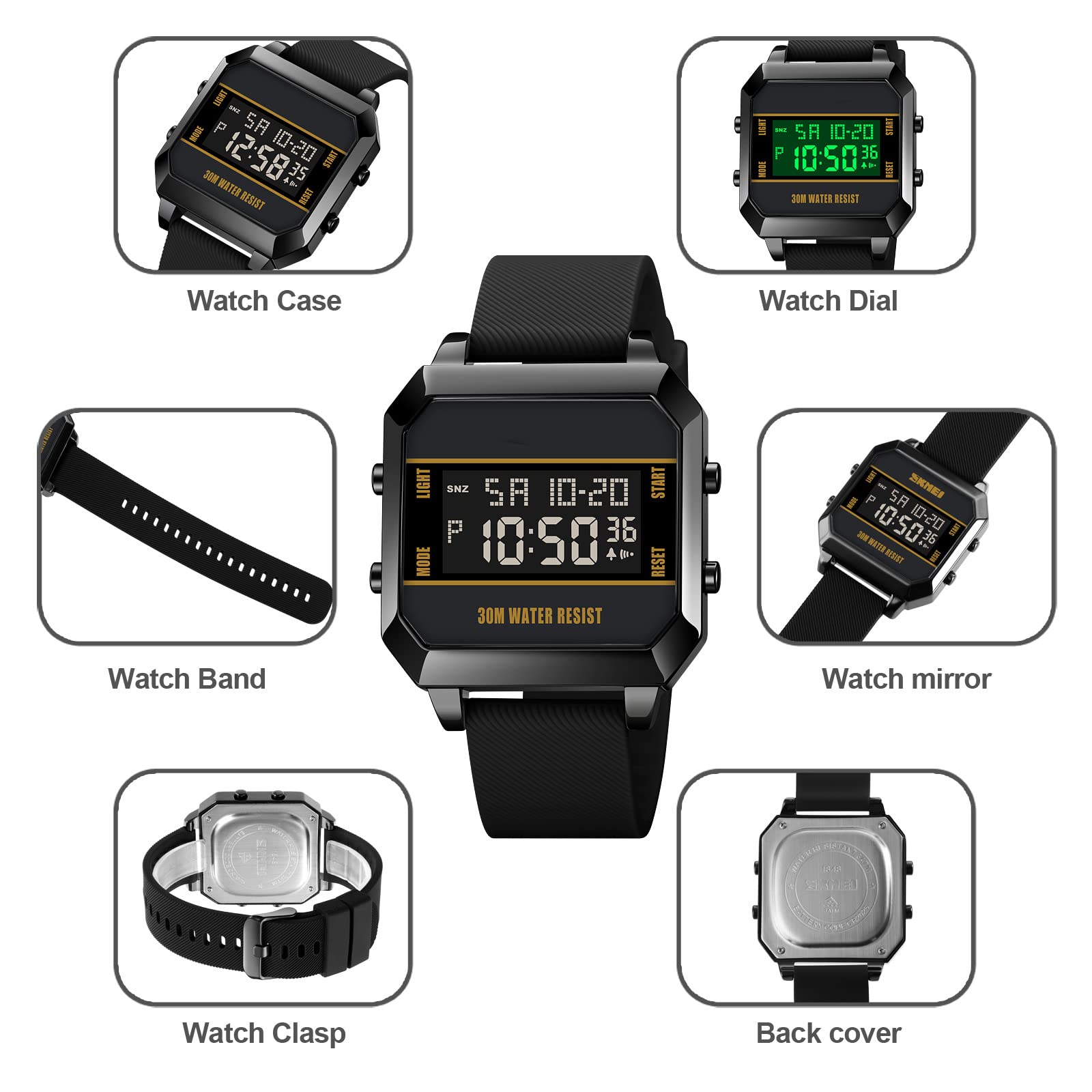 Digital Watch for Men, Yapeach LED Square Large Face Waterproof Outdoor Sport Silicone Wrist Watches for Men with Dual Time, Chrono, Alarm, EL Light, 12/24 H Clock, black, strap