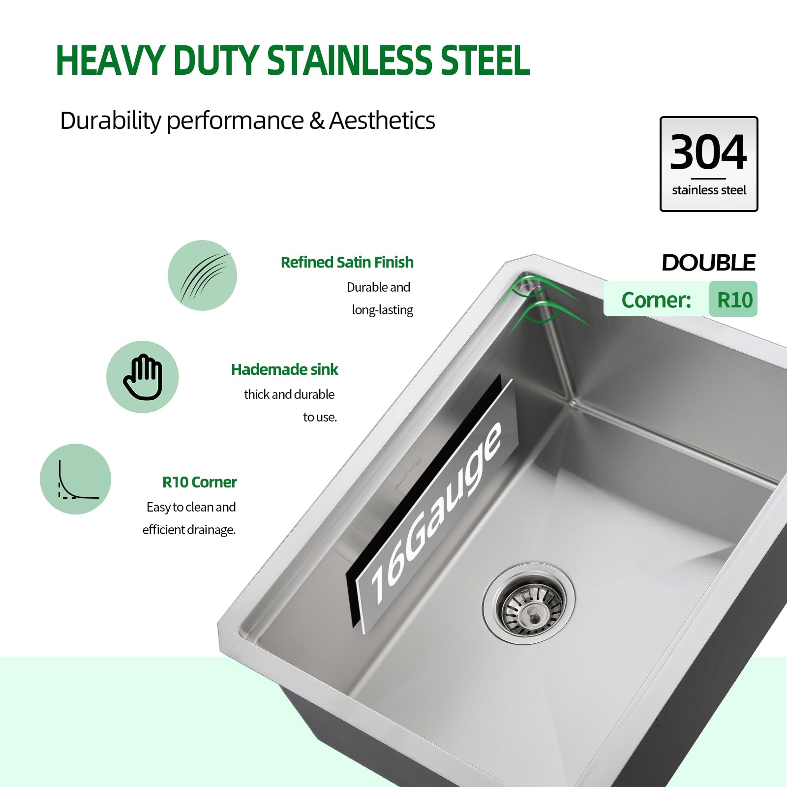 EcoChannels Undermount Kitchen Sink, 24 x 19 Inch Sink Kitchen 16 Gauge Stainless Steel Kitchen Sinks Single Bowl Workstation Sink with Cutting Board