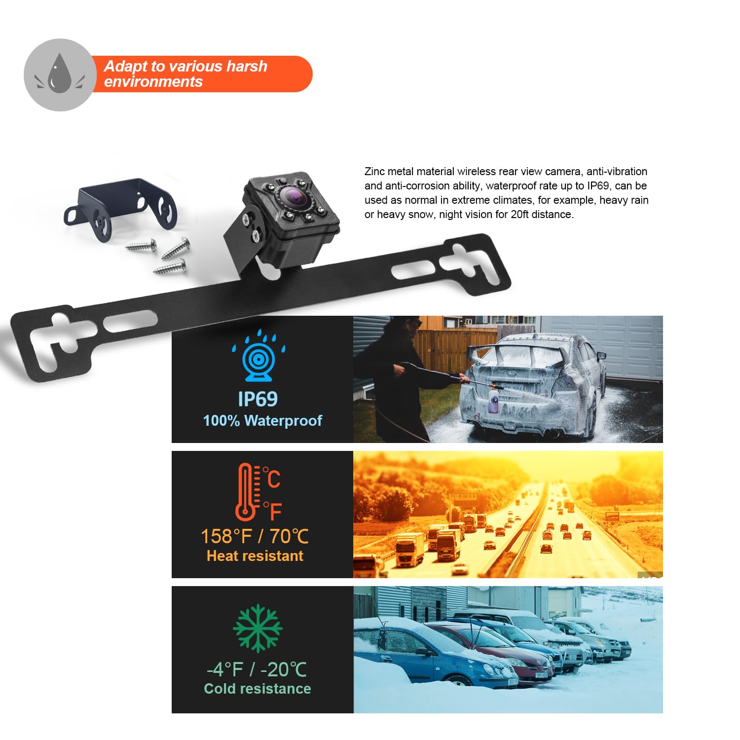 Digital Wireless Backup System, Waterproof and Night Vision Wireless License Plate Rear View Camera + 4.3ββ Wireless Display for RV, Cars, Truck, Vans