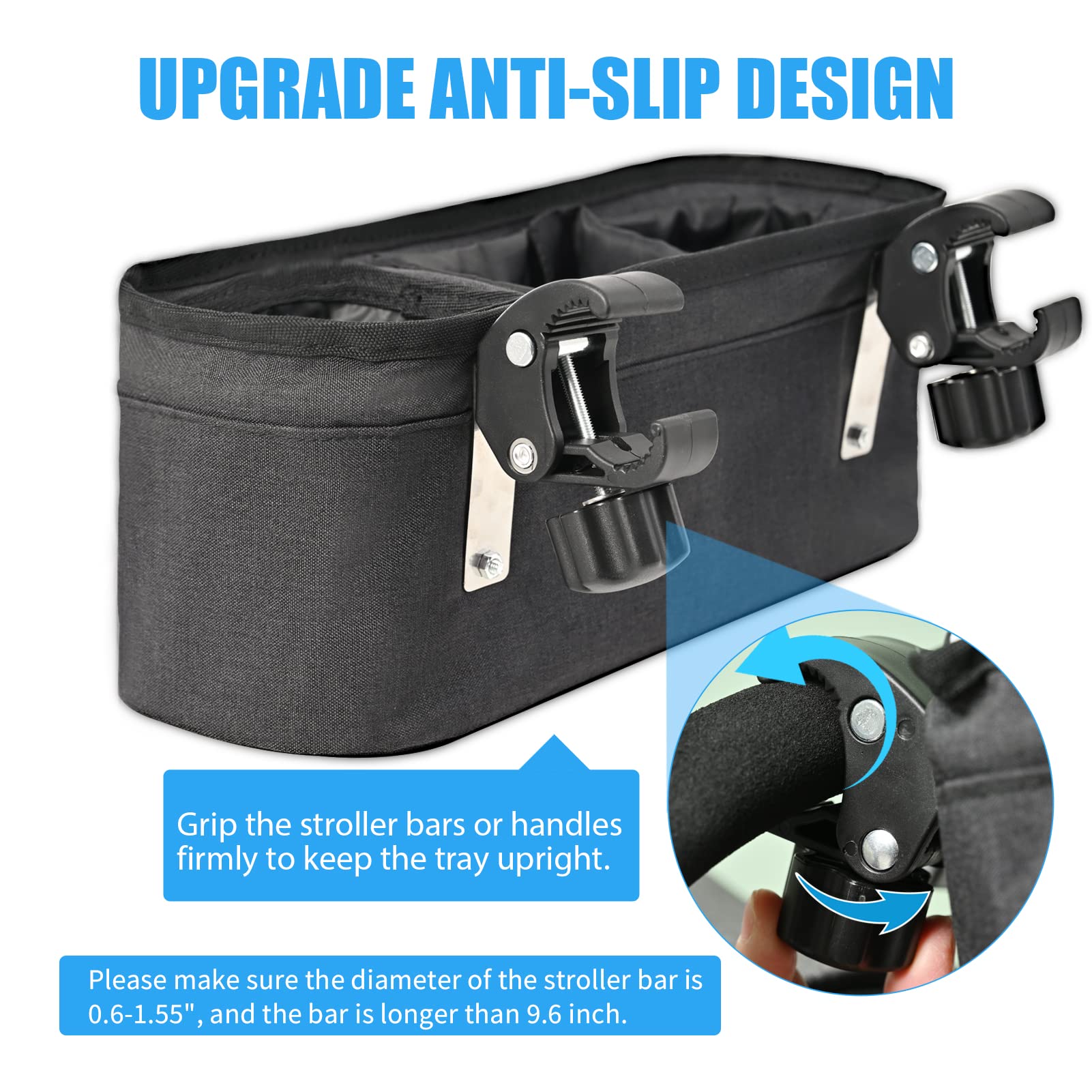 Three Colors Universal Stroller Tray, Stroller Cup Holder, Stroller Snack Tray, Stroller Accessories with Deeper Insulated Cup Holder, Upgraded Alligator Clamp Grip Firmly Stroller Bar, Black