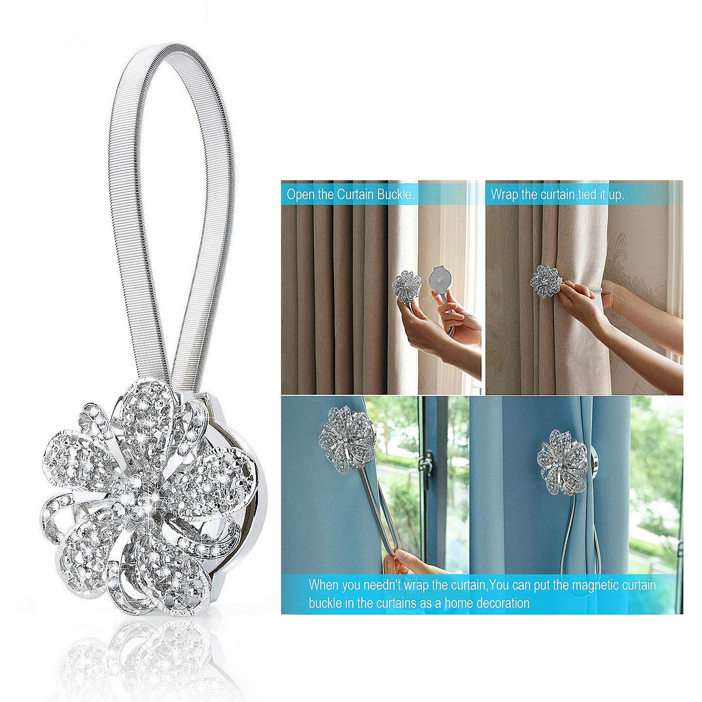 FlyCloud 2pcs Magnetic Curtain Tiebacks Crystal Tie Backs Buckle Clips Hook Silver Magnetic Crystal Curtain Tiebacks Tie Backs Buckle Clips Holdbacks for Home Office Decoration