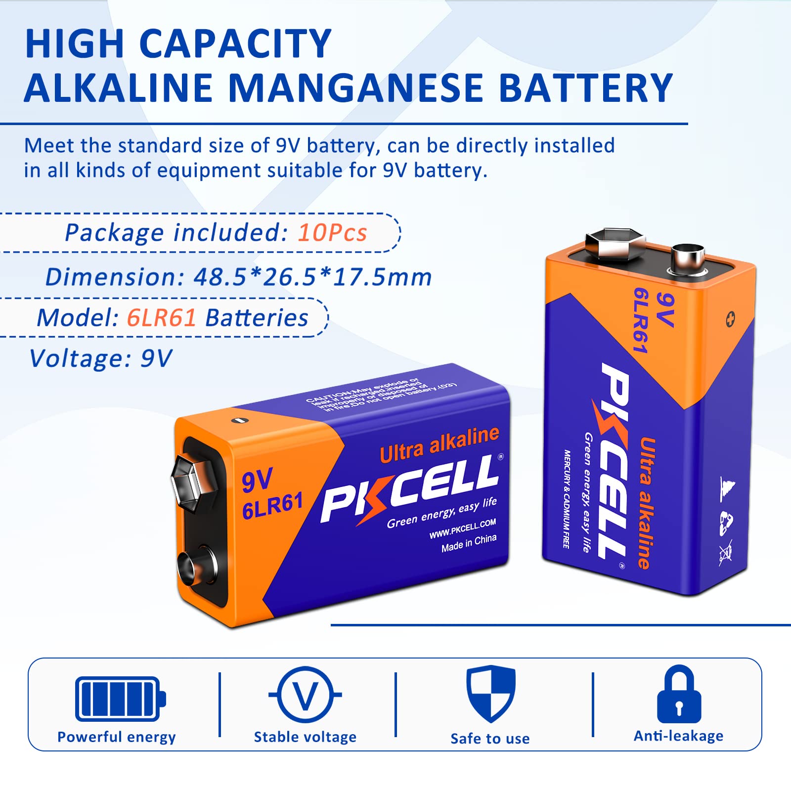 PILOCEL Smoke Alarm Batteries, 9 Volt Alkaline Performance All-Purpose Batteries, 10 Count Pack Ultra Long-Lasting for Household and Office Devices