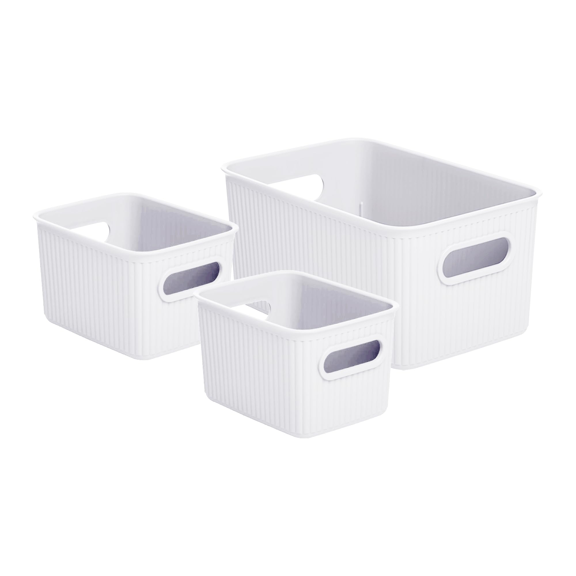 Superio Ribbed Collection - Decorative Plastic Open Home Storage Bins Organizer Baskets, White (Set of 3) 1 Medium, 2 Small - Container Boxes for Organizing Closet Shelves Drawer Shelf