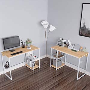 DOMY HOME Office Desk w/Storage Shelves, 43" Small Student Kids Writing Desk Headphone Hook Bedroom Dormitory PC Laptop Home Office Table Sturdy Metal Frame, Easy Assembly Oak
