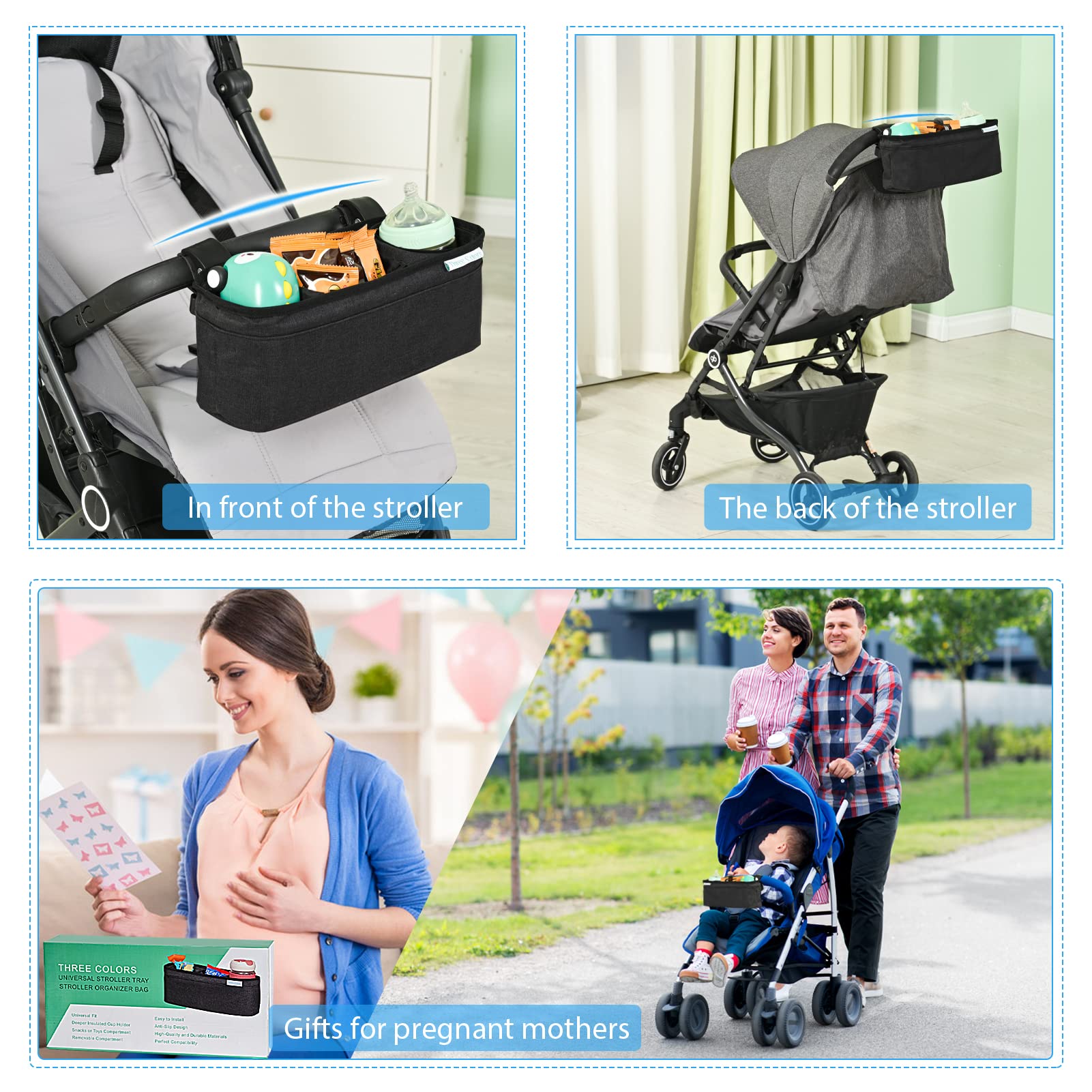 Three Colors Universal Stroller Tray, Stroller Cup Holder, Stroller Snack Tray, Stroller Accessories with Deeper Insulated Cup Holder, Upgraded Alligator Clamp Grip Firmly Stroller Bar, Black