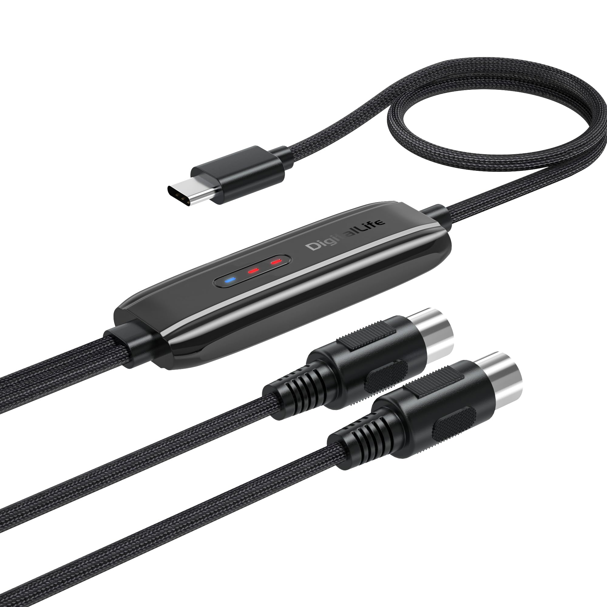 DigitalLife MIDI-C01 USB-C to MIDI Interface Converter Adapter with LEDs (6.5FT, 5-Pin, 1 in/Out, Metal)
