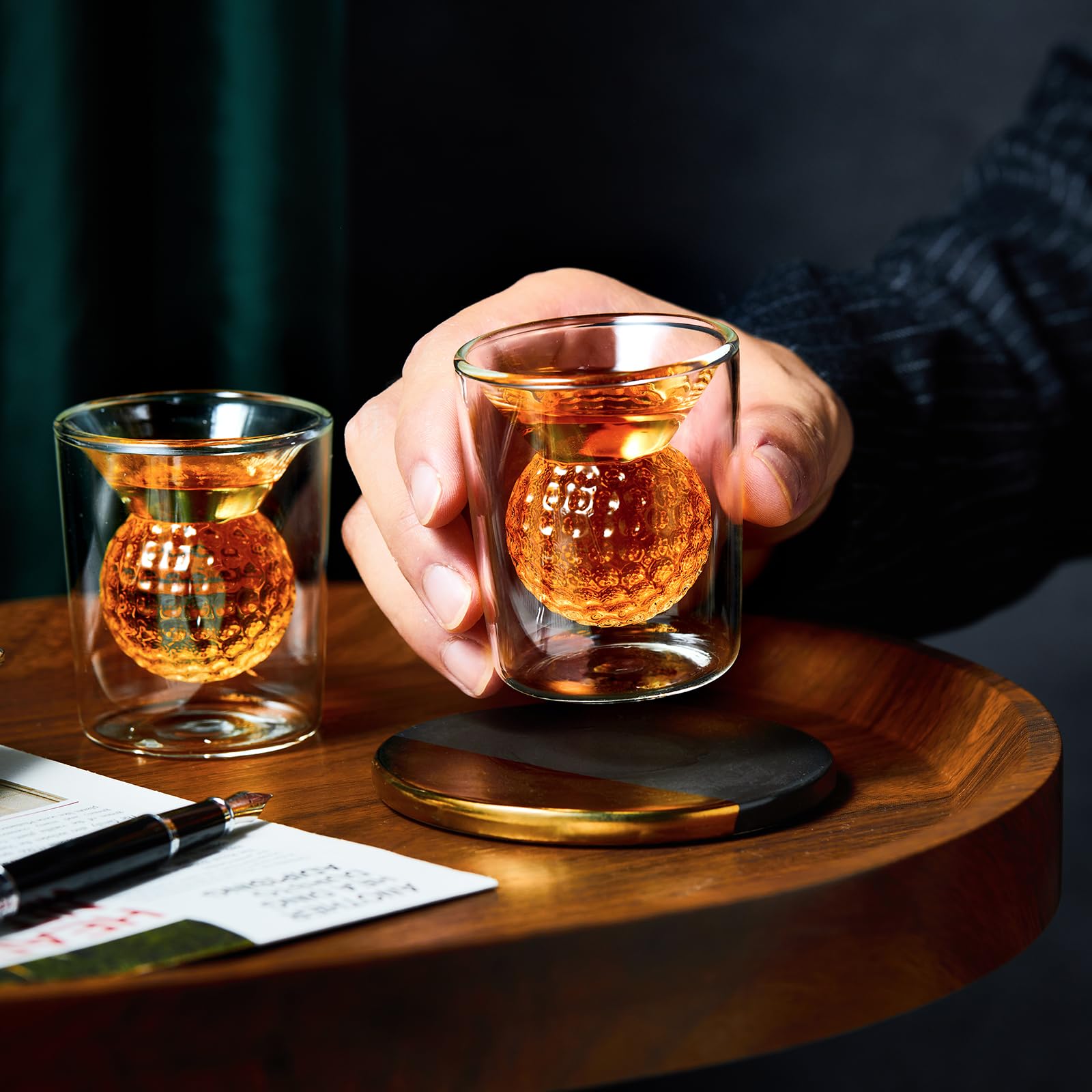 CRAFTGEN Golf Ball Shot Glasses Set of 4 - Funny Handmade Golf Birthday Gifts for Men - 2oz Double Walled with 3D Shape Golf Ball Inside for Tequila, Whiskey, Cocktail - Presents for Golfer