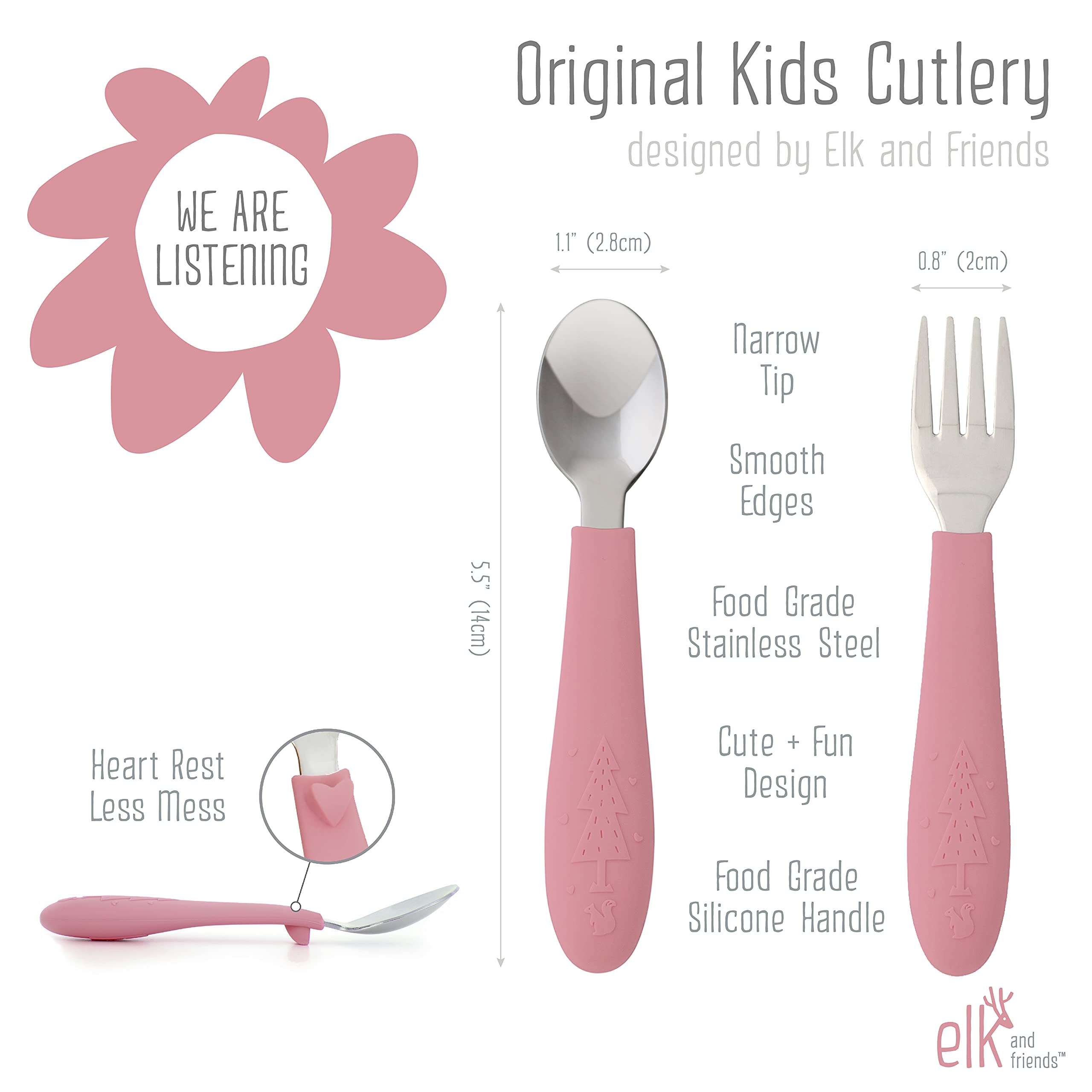Elk and Friends Silicone Suction Plate for Babies/Toddlers + Stainless Steel Silverware Feeding Set | Divided Plate | Suction Design | Forks + Spoons Included | 3 Pack