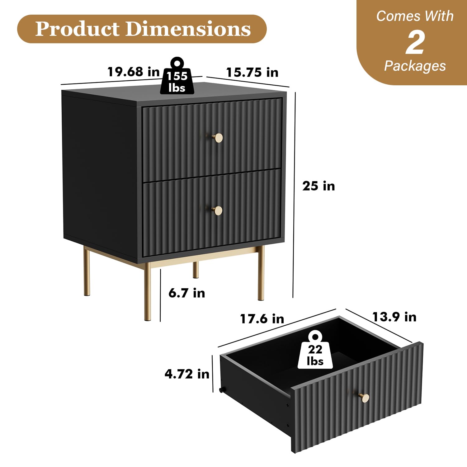 ORGANSANDS Black Nightstand Set of 2 for Bedroom, Fluted nightstand with 2 Drawers, Modern Storage Bedside Table with Wide Tabletop, End Tables with Gold Metal Legs & Handle