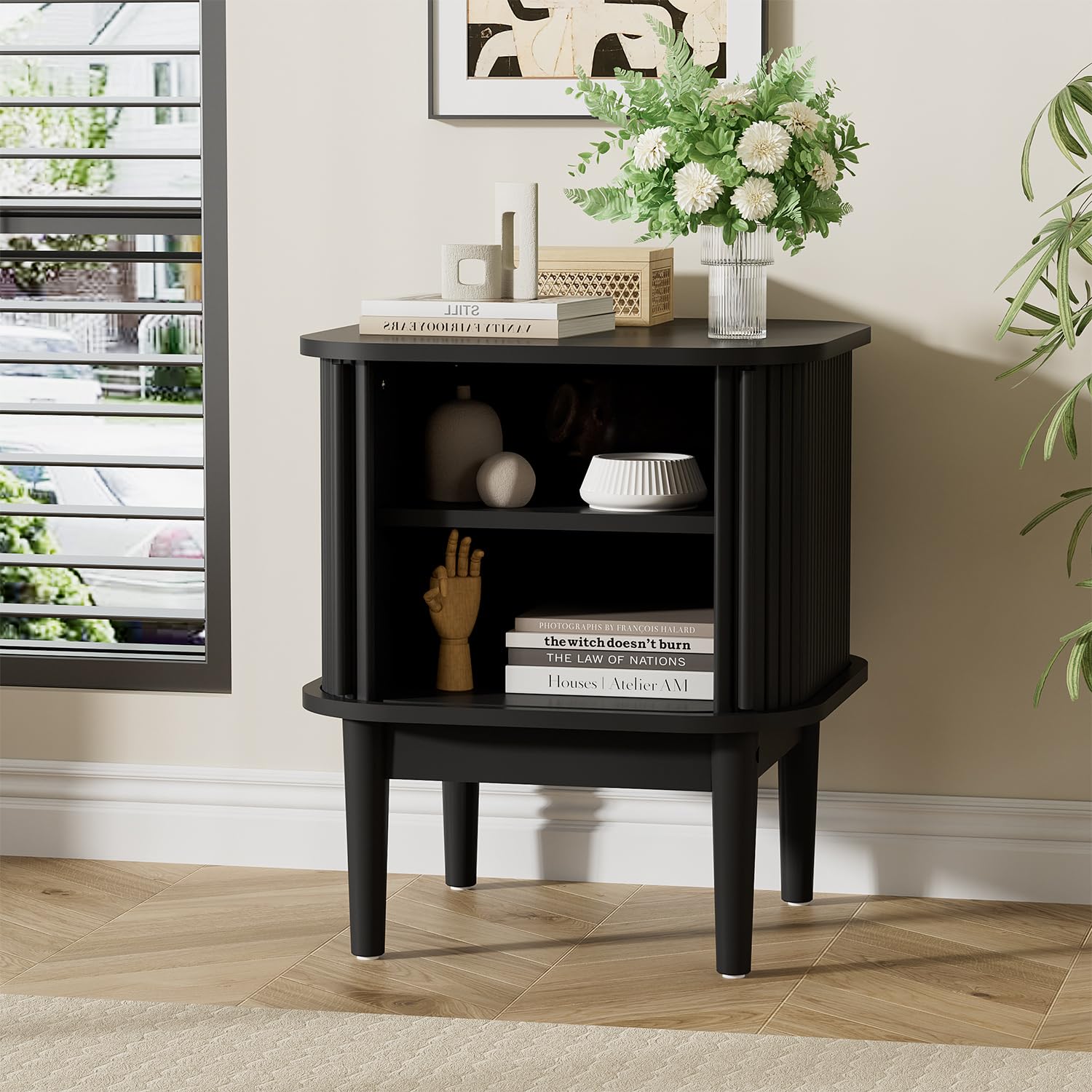 ORGANSANDS Sliding Door Tambour Nightstand Set of 2, Black Storage End Table with Curved Edge Design, Small Bedside Table Compact Sofa Side Table for Bedroom, Hallway, Small Space
