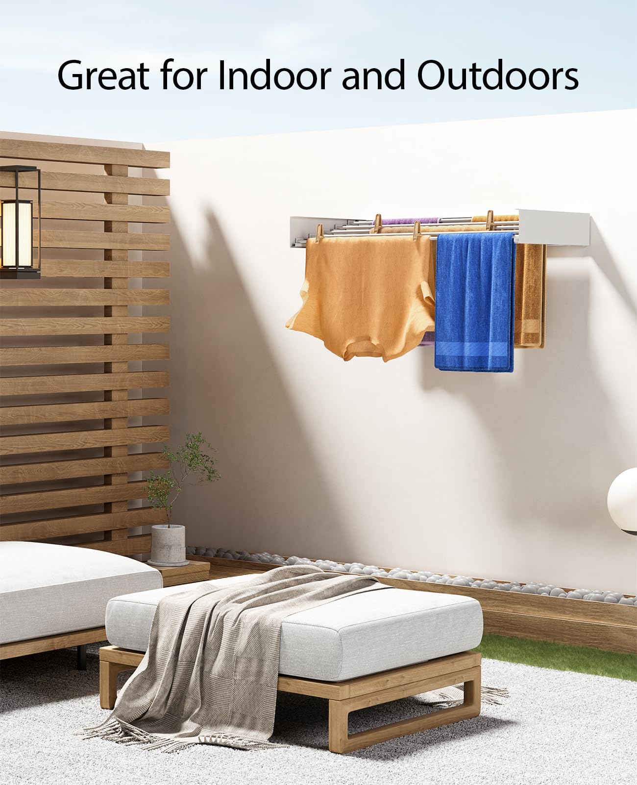 MrToNo Laundry Drying Rack Collapsible, Wall Mounted Drying Rack, Clothes Drying Rack, Retractable Drying Rack,13.2 Linear Ft, 5 Aluminum Rods, 60 lb Capacity (White, 40'')
