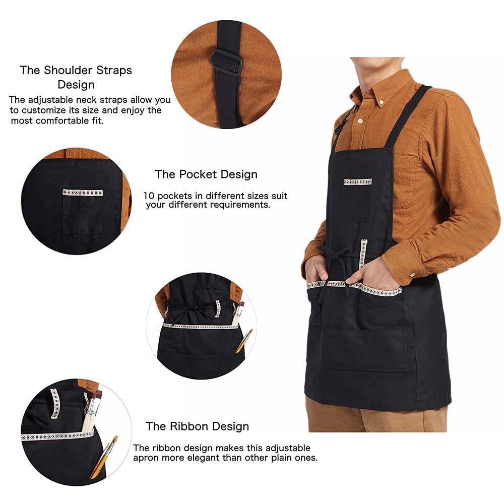 FreeNFond Adjustable Artist Apron with Pockets for Women Men Canvas Painting Aprons for Arts Gardening Utility or Work