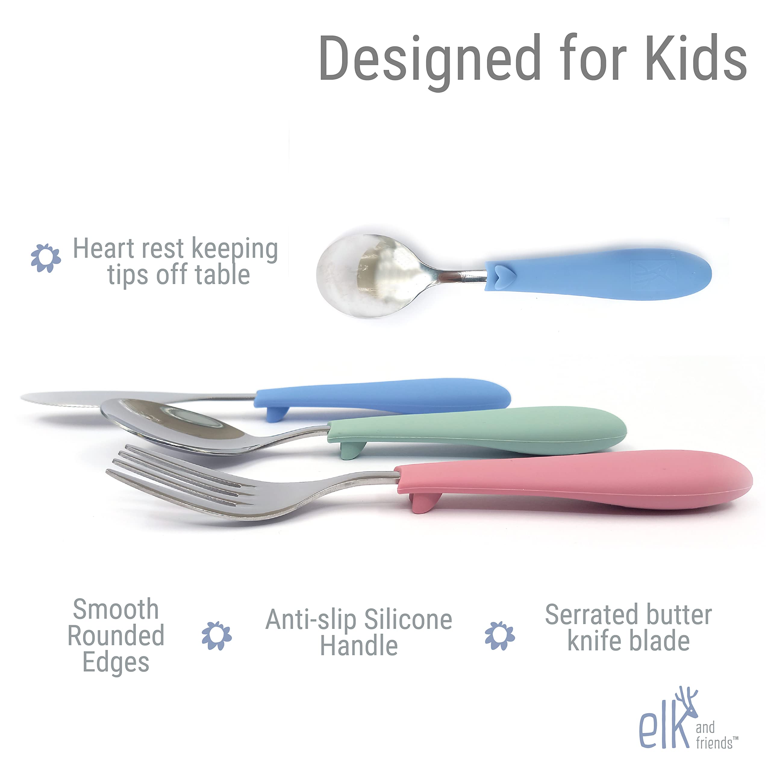 Elk and Friends Kids Silverware with Silicone Handle | Childrens Safe Flatware | Kids Utensils | Spoon + Fork + Knife set | 4 years+ | 6 Pieces