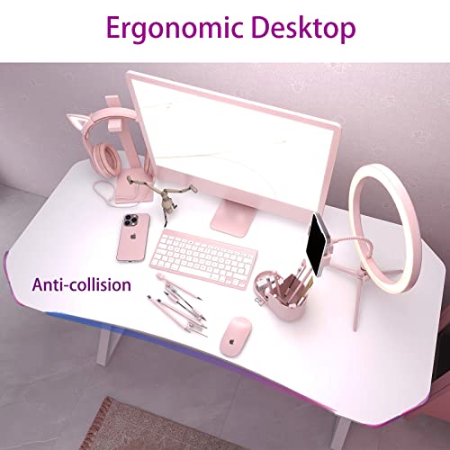 Natwind 47" Ergonomic Gaming Desk K-Shaped Computer PC White Desk Kid Student Writing Study Table Simple Modern Elegant Style Game Table Gamer Workstation for Home Office Bedroom(White)