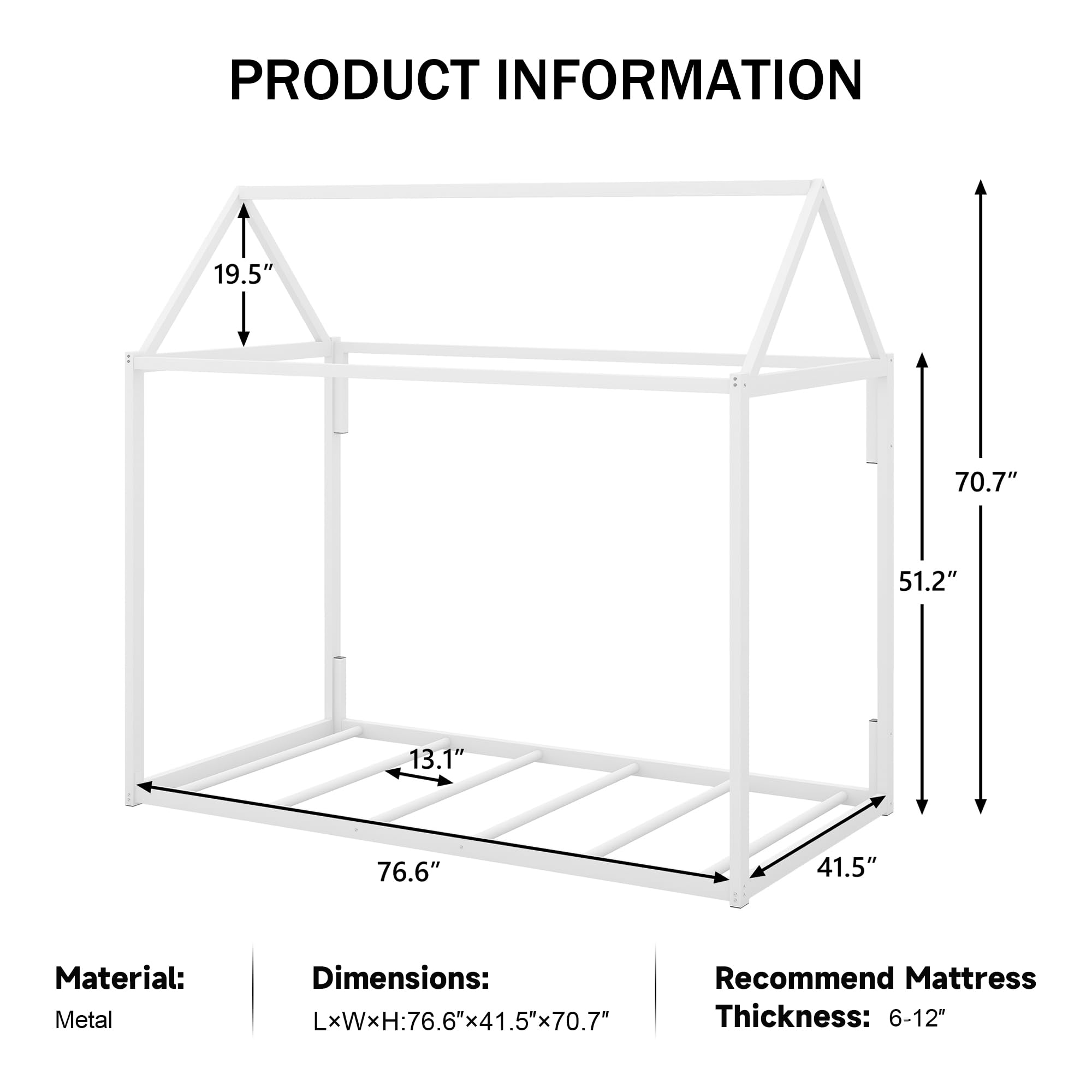 Merax Metal House Bed : Metal Floor Bed,House Shape Bed with Metal Slats,Twin Size,White